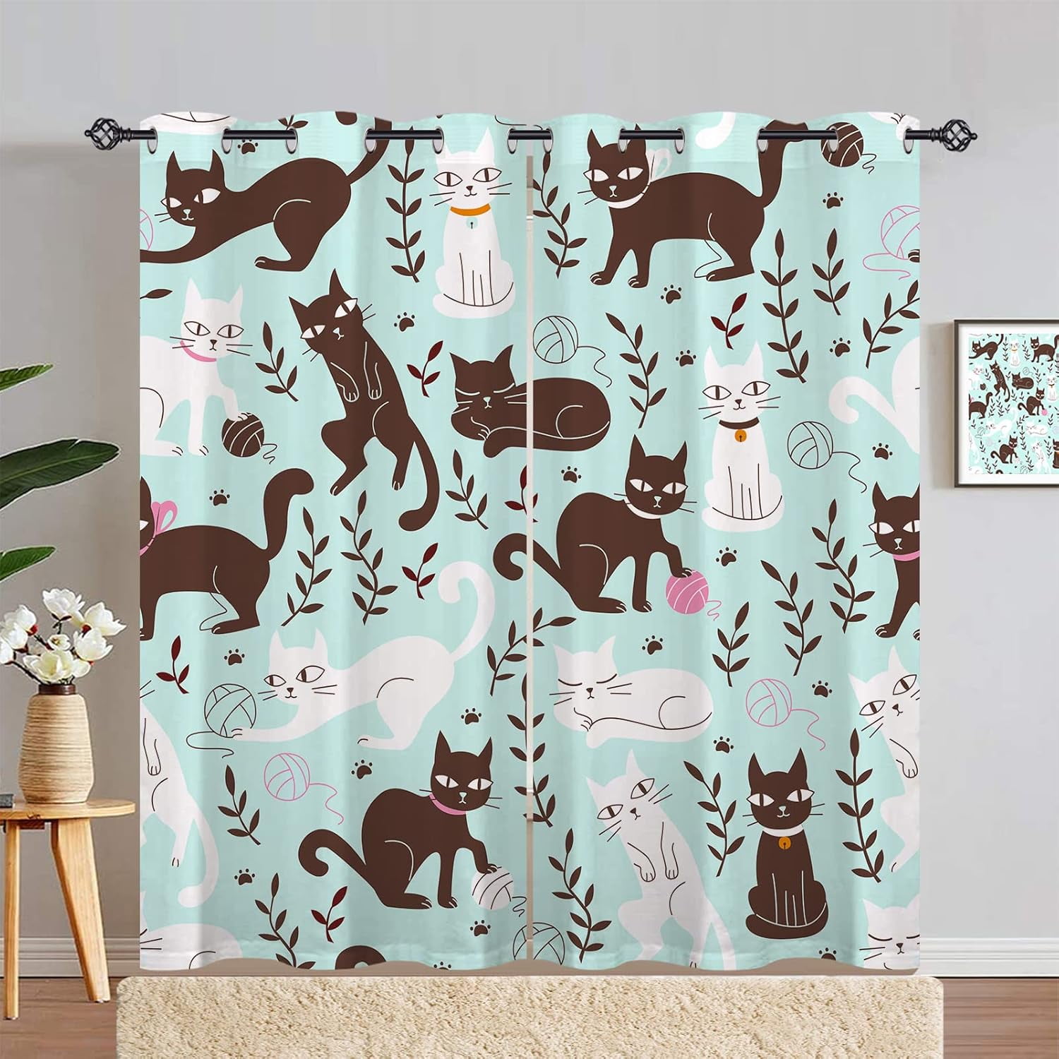 ANHOPE Cat Curtains Doodle Theme Cute Cartoon Animal Cats Print ...