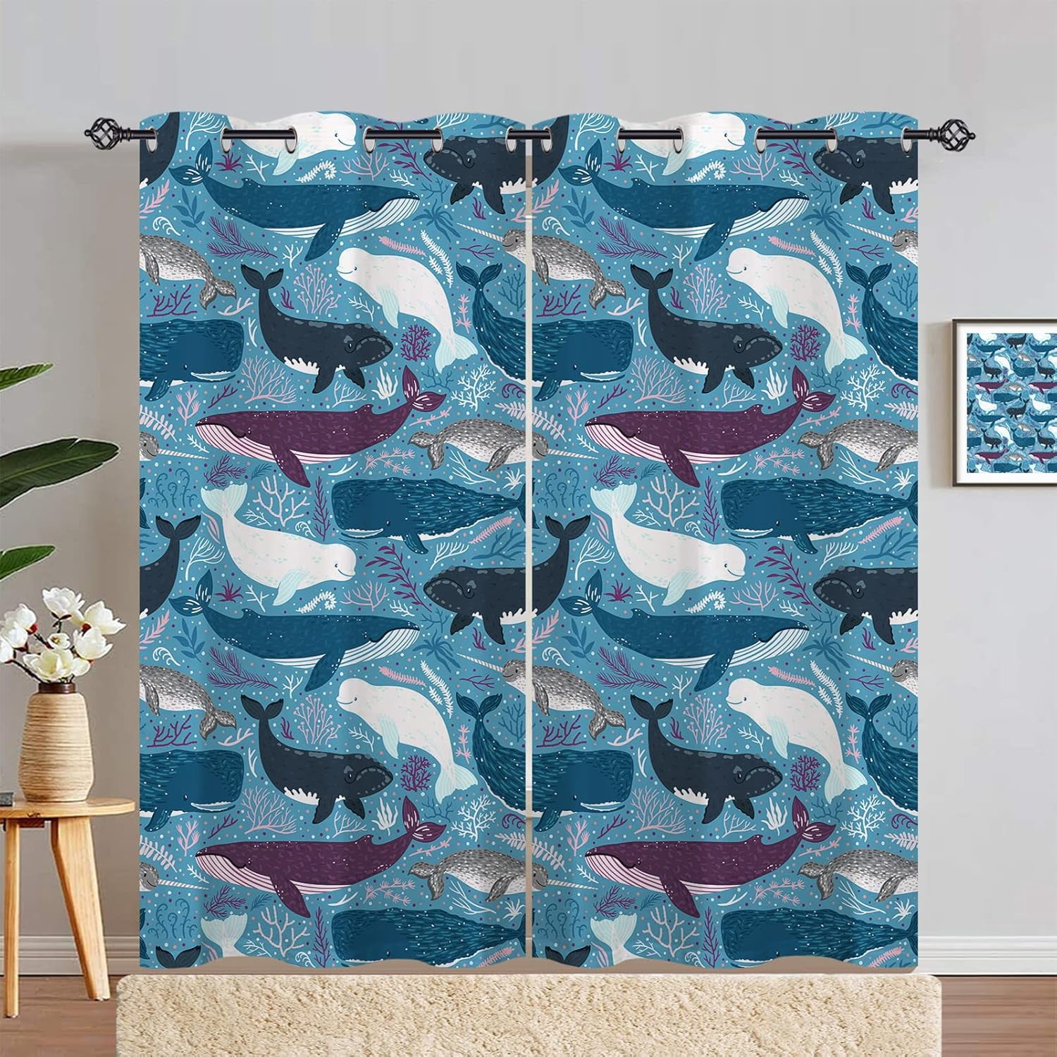 ANHOPE Whale Curtains Light Filtering Ocean Theme Underwater Cartoon ...