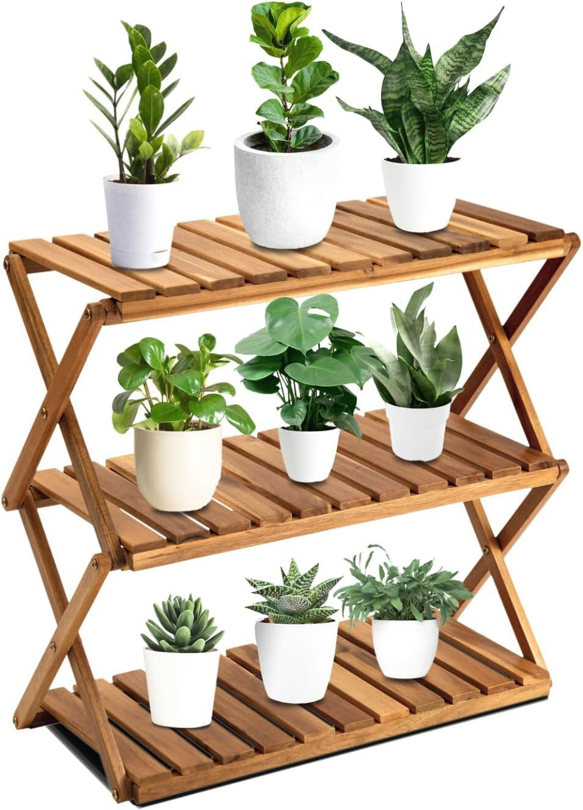 ANHXN Acacia Plant Stand Indoor, Wooden Outdoor Planter Stand ...