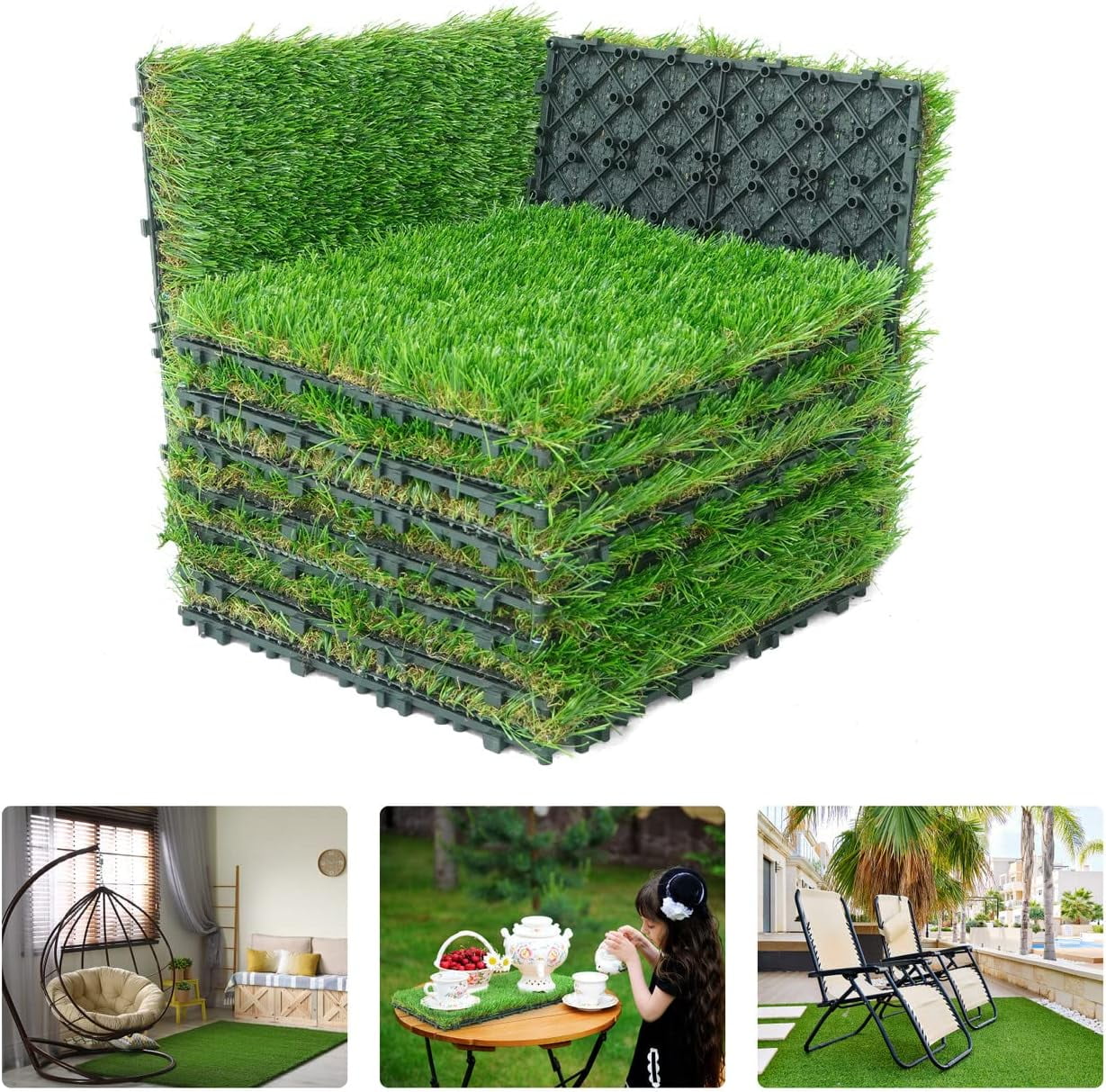 ANHXN Artificial Grass Turf Tiles for Patio, Self-Draining Interlocking ...