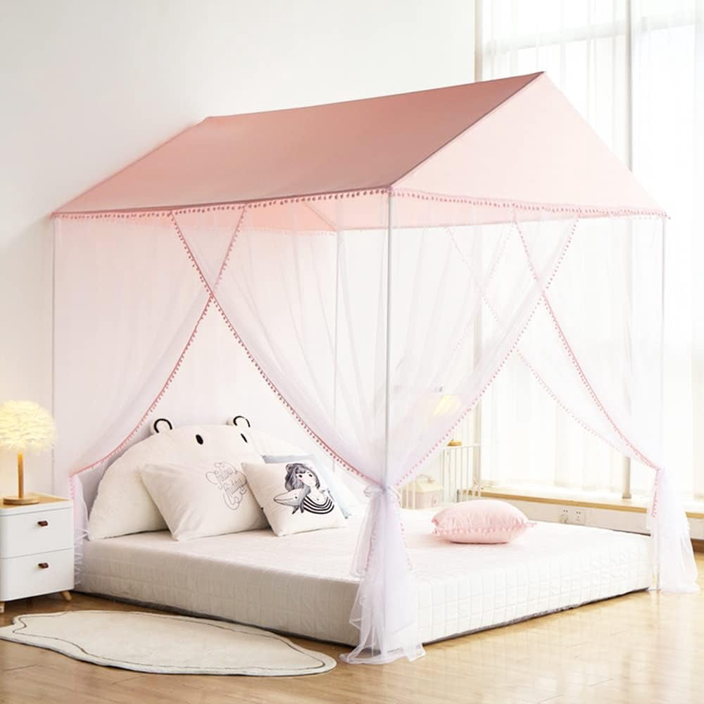 ANHXN Bed Canopy with Pompom Princess Castle Indoor&Outdoor Mosquito ...