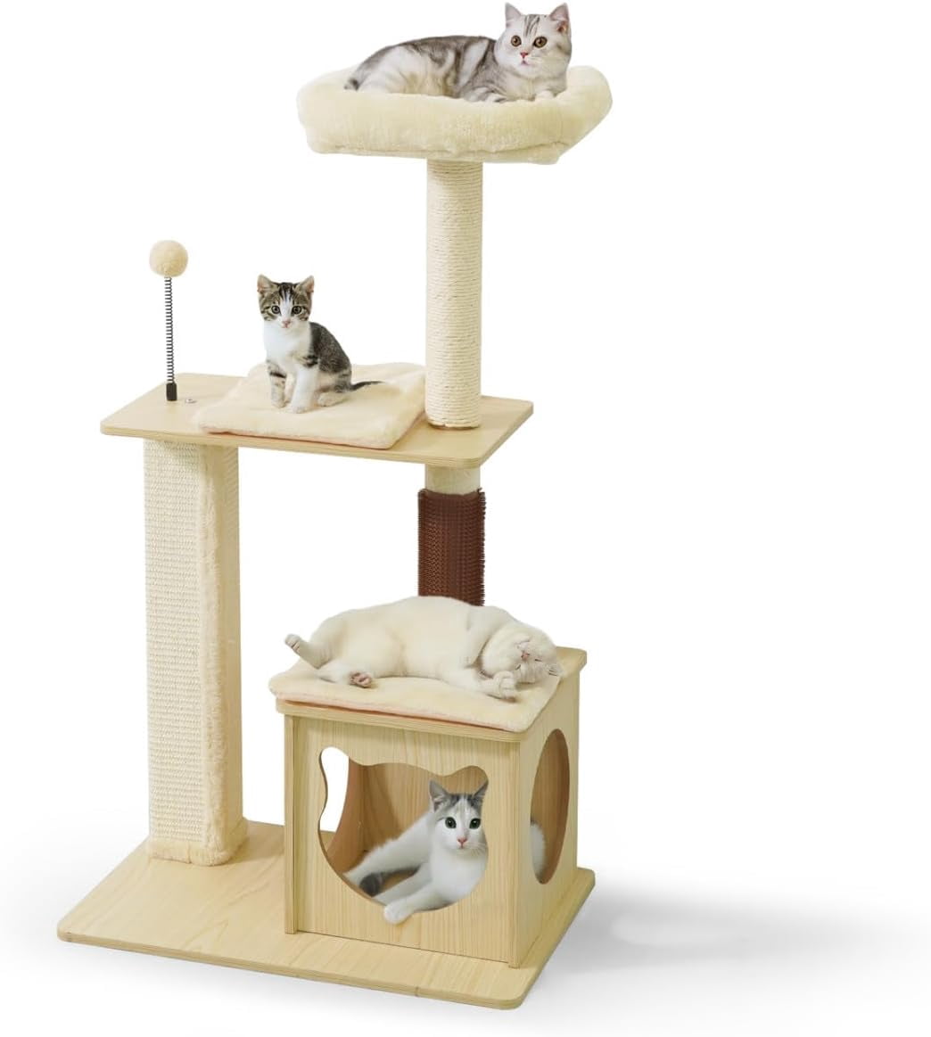 ANHXN Cat Tree with Cat Cave Condo & Hammock, Tall Wooden Cat Tower for ...