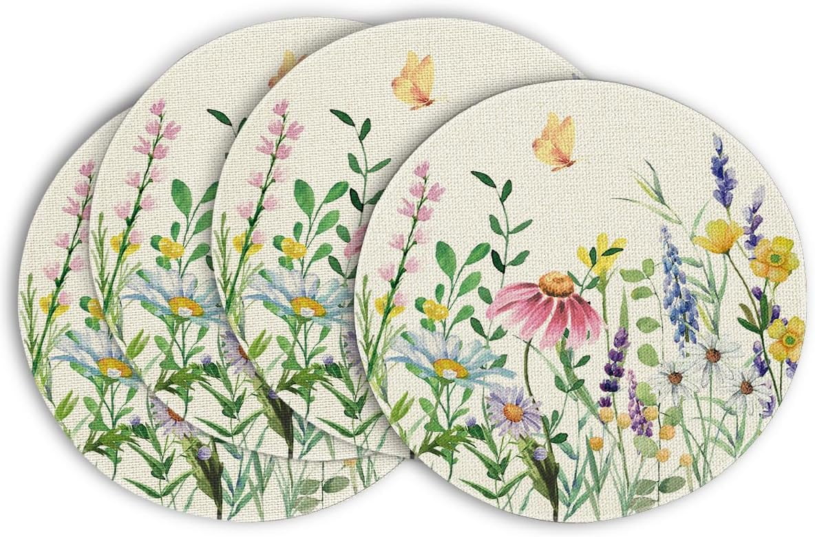 ANHXN Daisy Eucalyptus Lavender Floral Leaves Round Spring Placemats ...