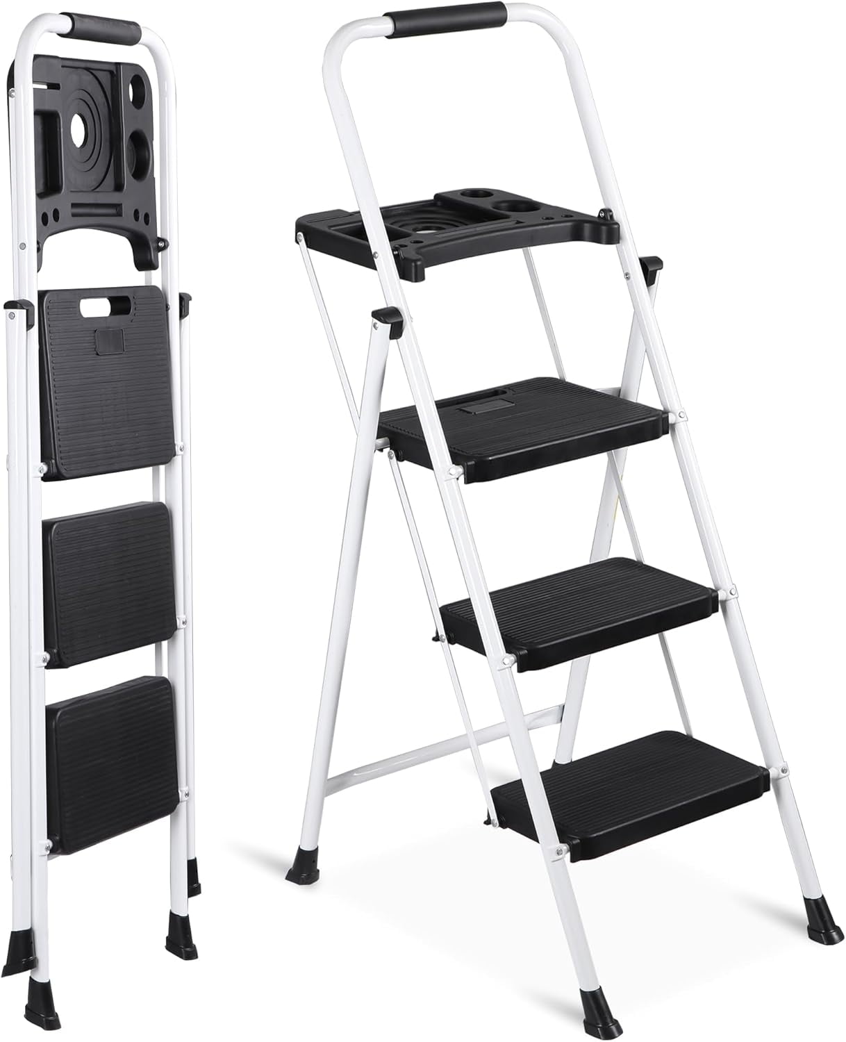 ANHXN Ladder with Tool Tray, Folding Step Stool with Wide Anti-Slip ...
