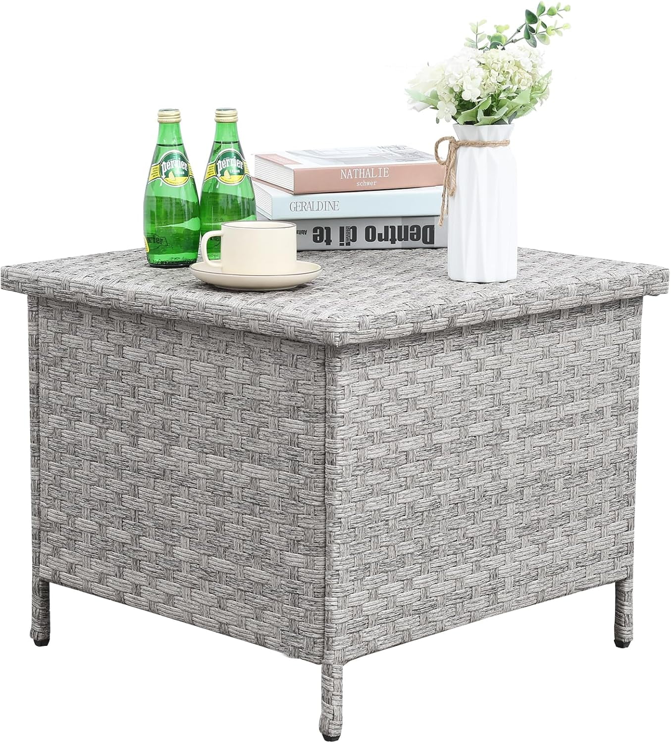 ANHXN Outdoor PE Wicker Side Table with Storage Patio End Table Resin ...