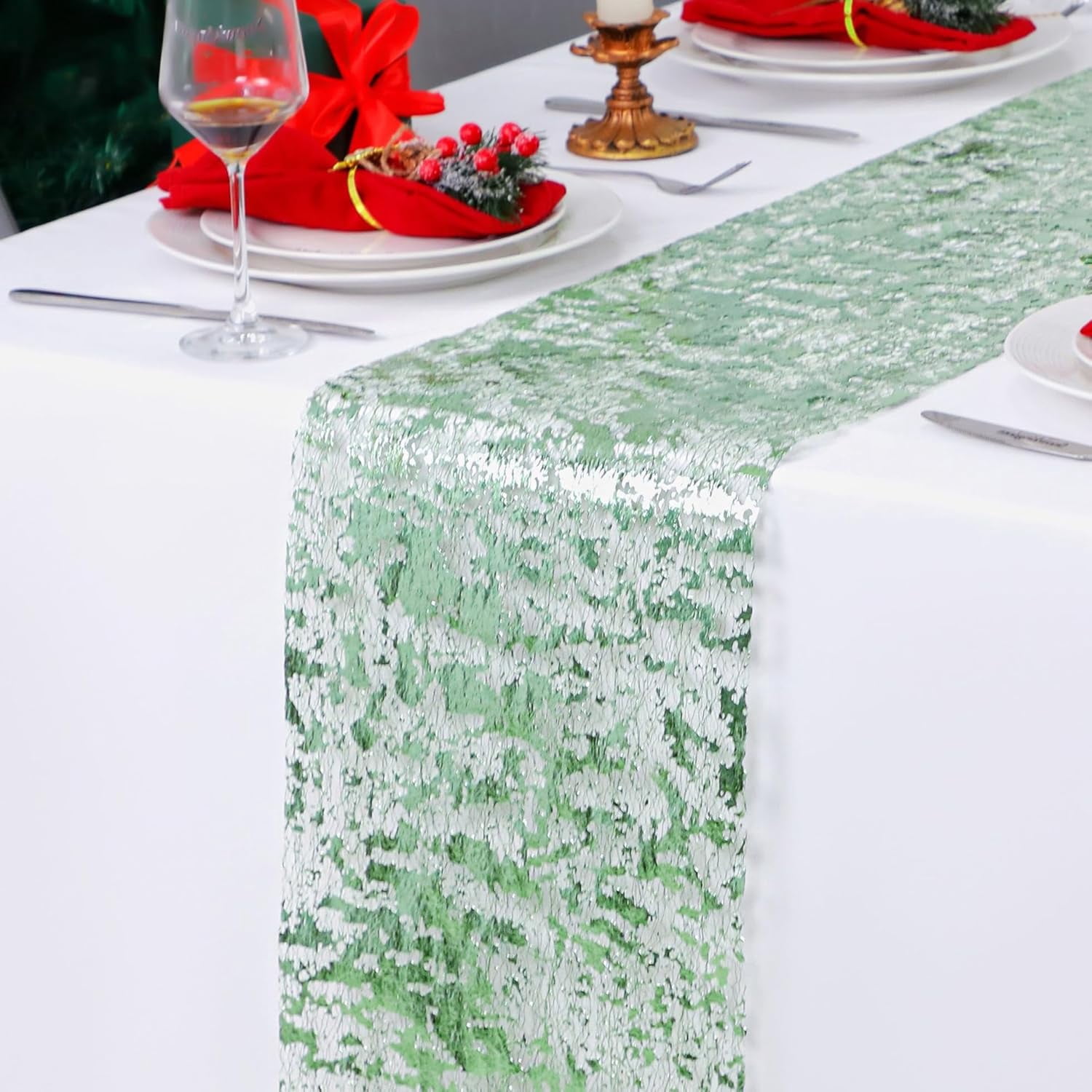 ANHXN Sequin Glitter Foil Metallic Thin Mesh Runner Roll, Gold Table ...