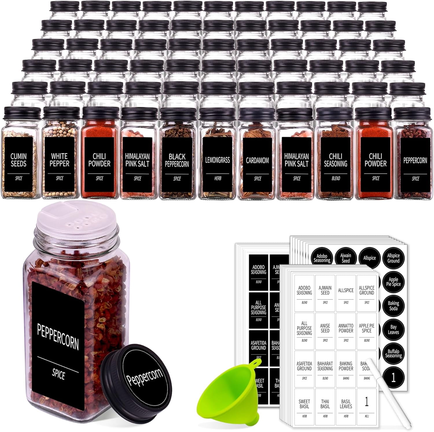 ANHXN Spice Jars Glass Spice Jars with Black Metal Caps, Empty Spice ...
