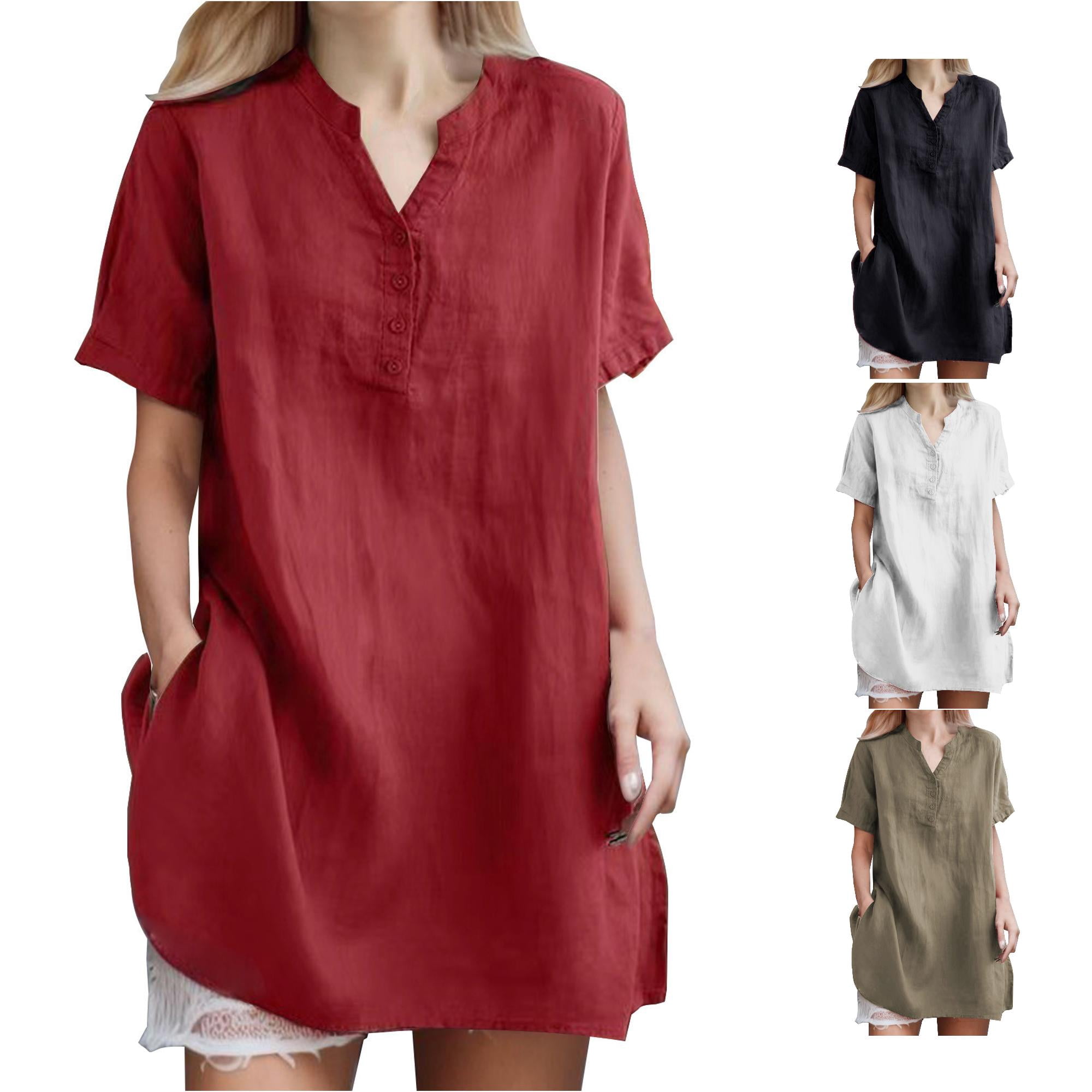 ANINEO Boho Dresses For Women Solid Color Button Front Fashion Short ...