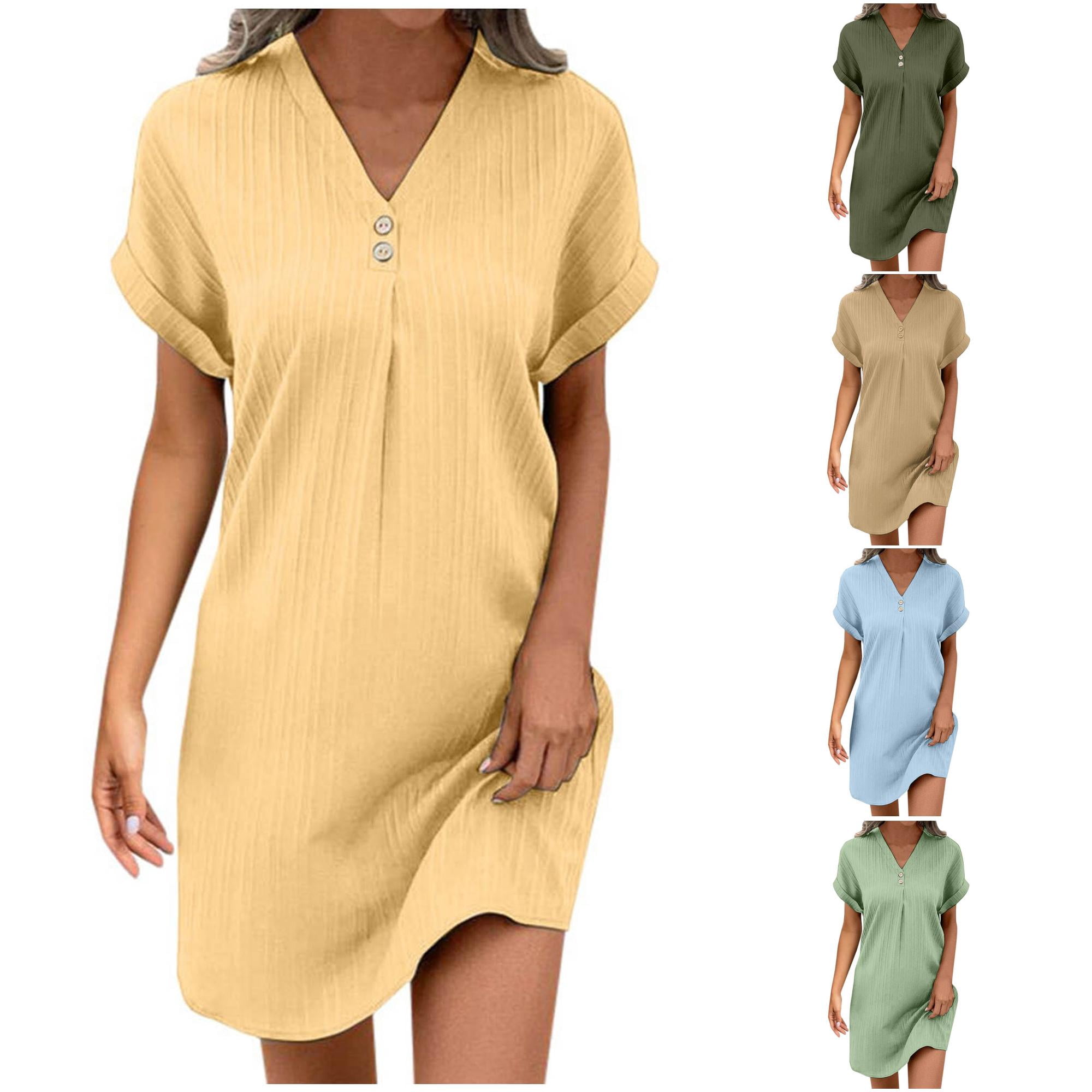 ANINEO Casual Summer Dresses For Women V-Neck Solid Color Pullover ...
