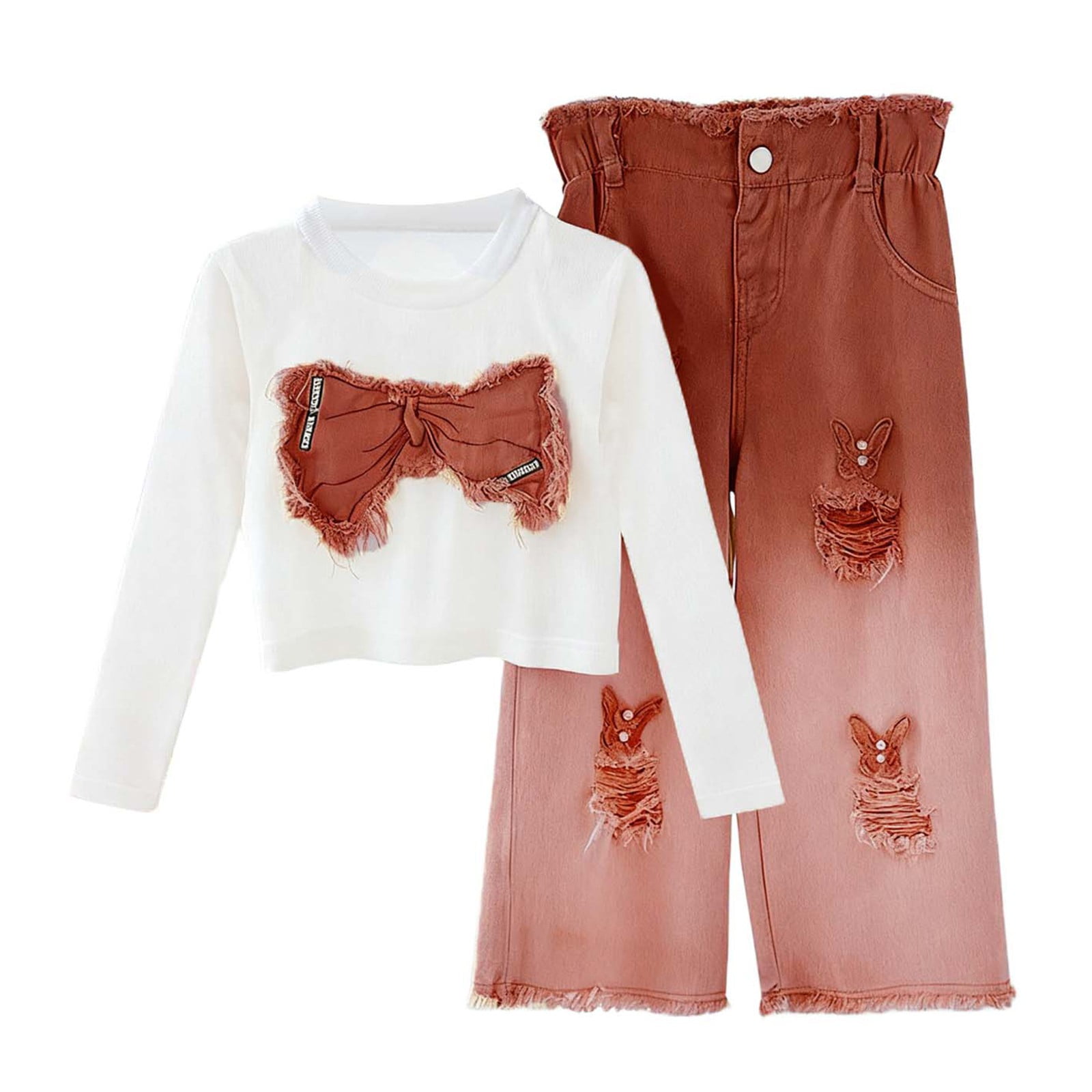 ANINEO Child Girls Autumn Outfits Long Sleeve Tops With Bow And Ripped ...