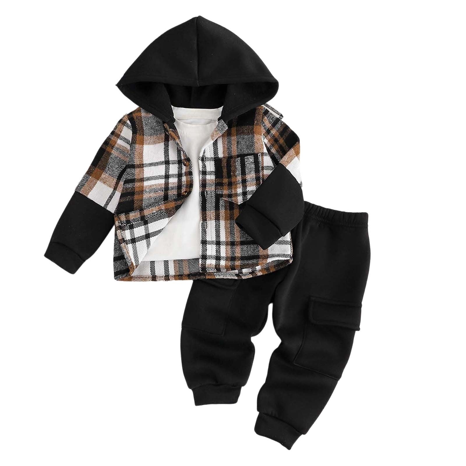 ANINEO Child Kids Boys Long Sleeve Hooded Plaid Shirt And Pants Outfits ...