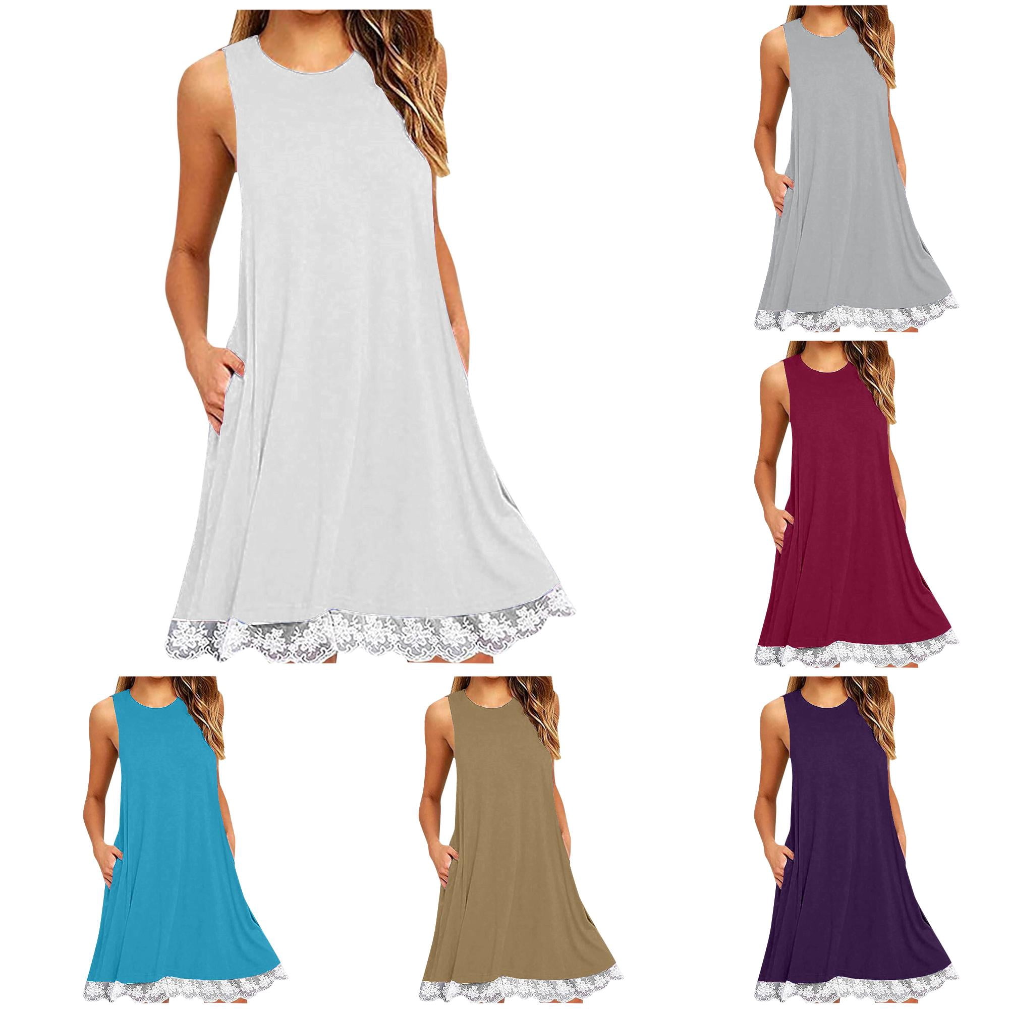 ANINEO Dresses For Women Cuffless Baggy Solid Color Sleeveless Crew ...