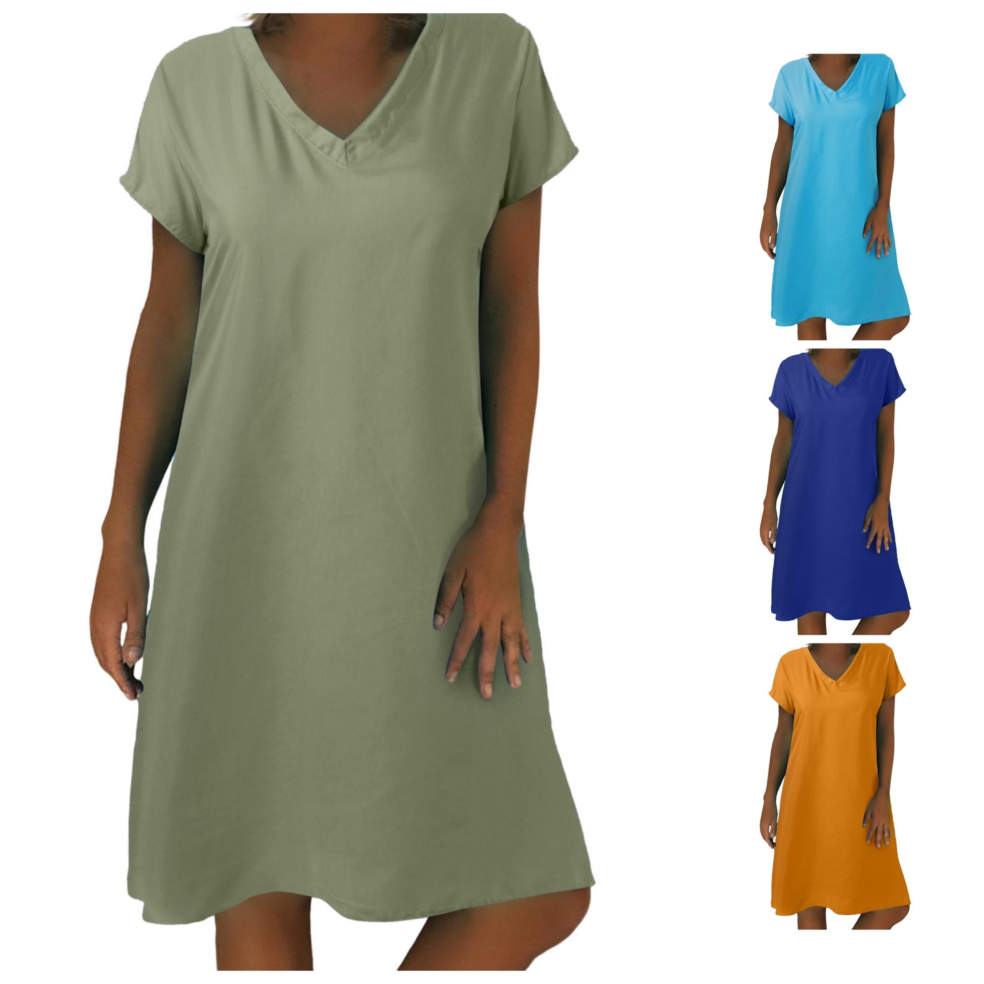ANINEO Dresses For Women Linen Casual V-Neck Midi Short Sleeve A-Line ...