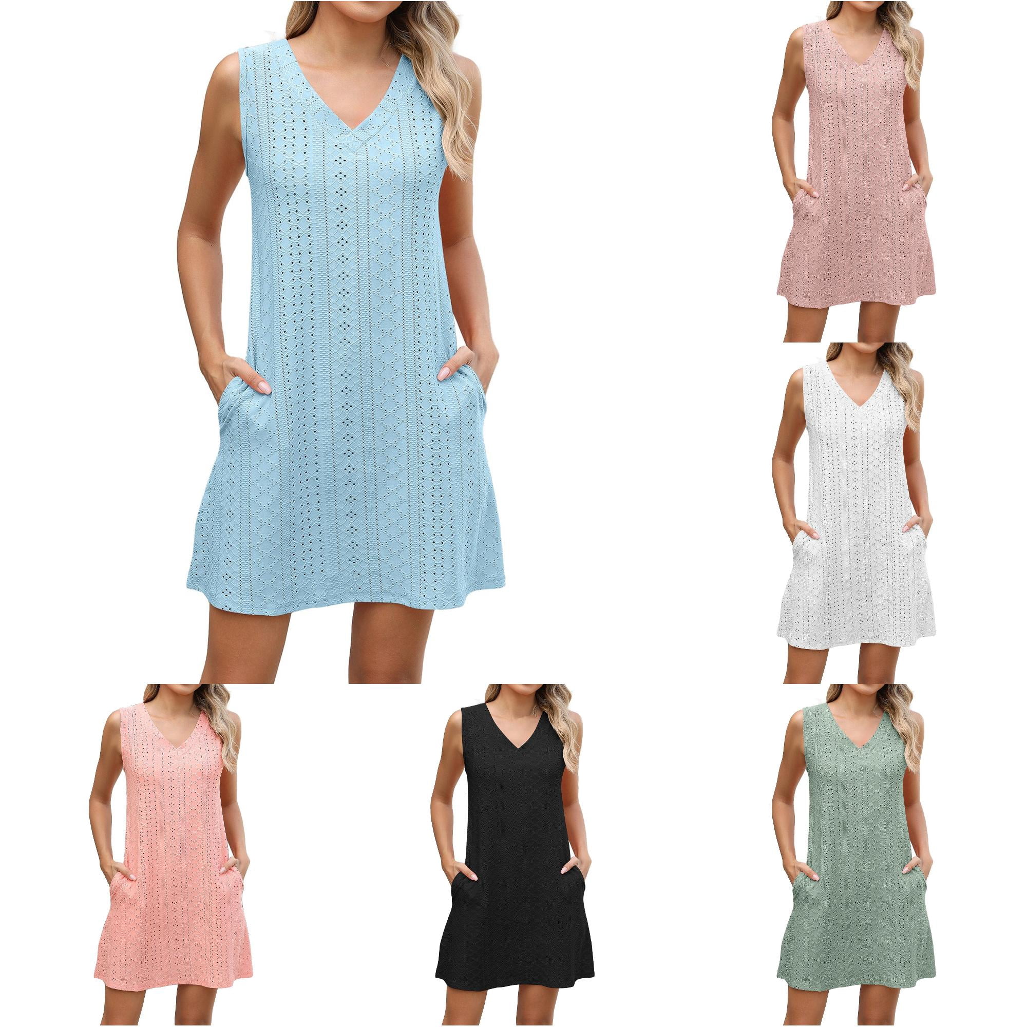 ANINEO Dresses For Women Pocket Casual Beach Cover Up Solid Color V ...
