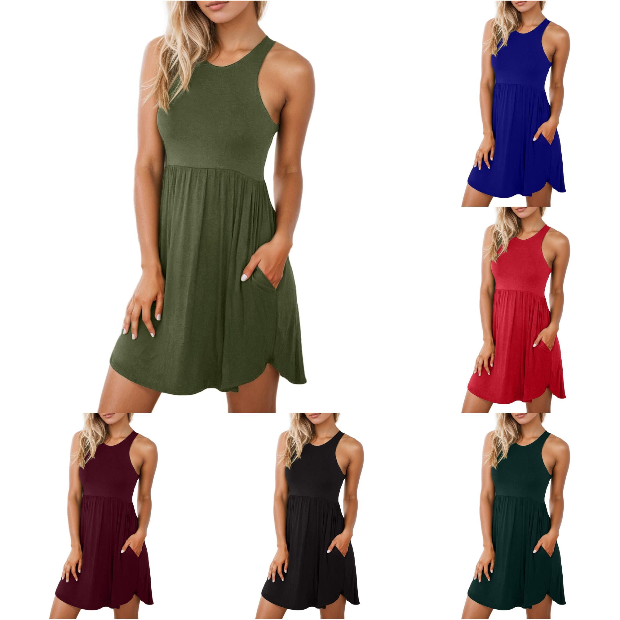 ANINEO Dresses For Women Solid Color Flared Mini Suit Sleeveless Round ...