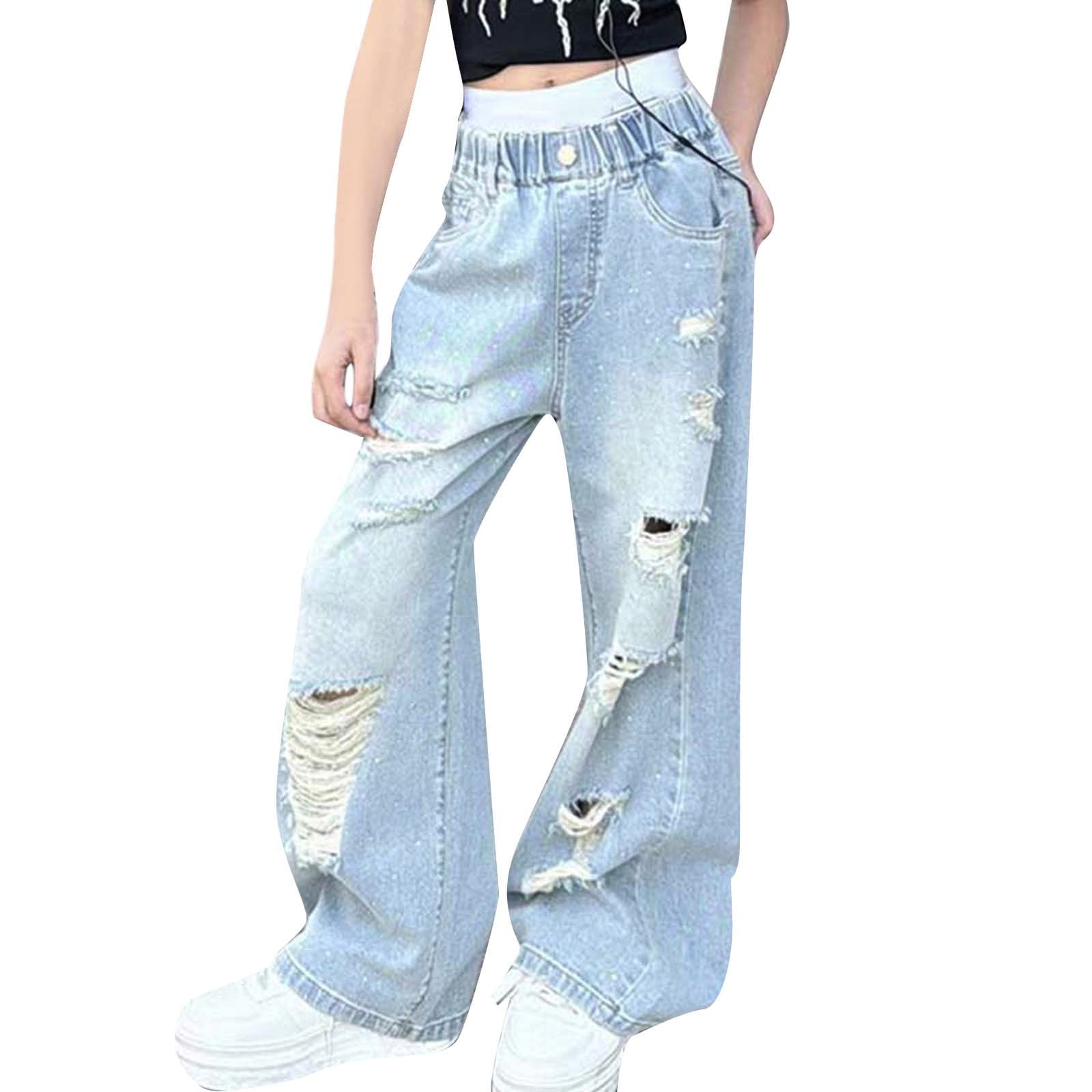 ANINEO Girls Baggy Jeans Distressed Denim Pants Elastic Waist Wide Leg ...