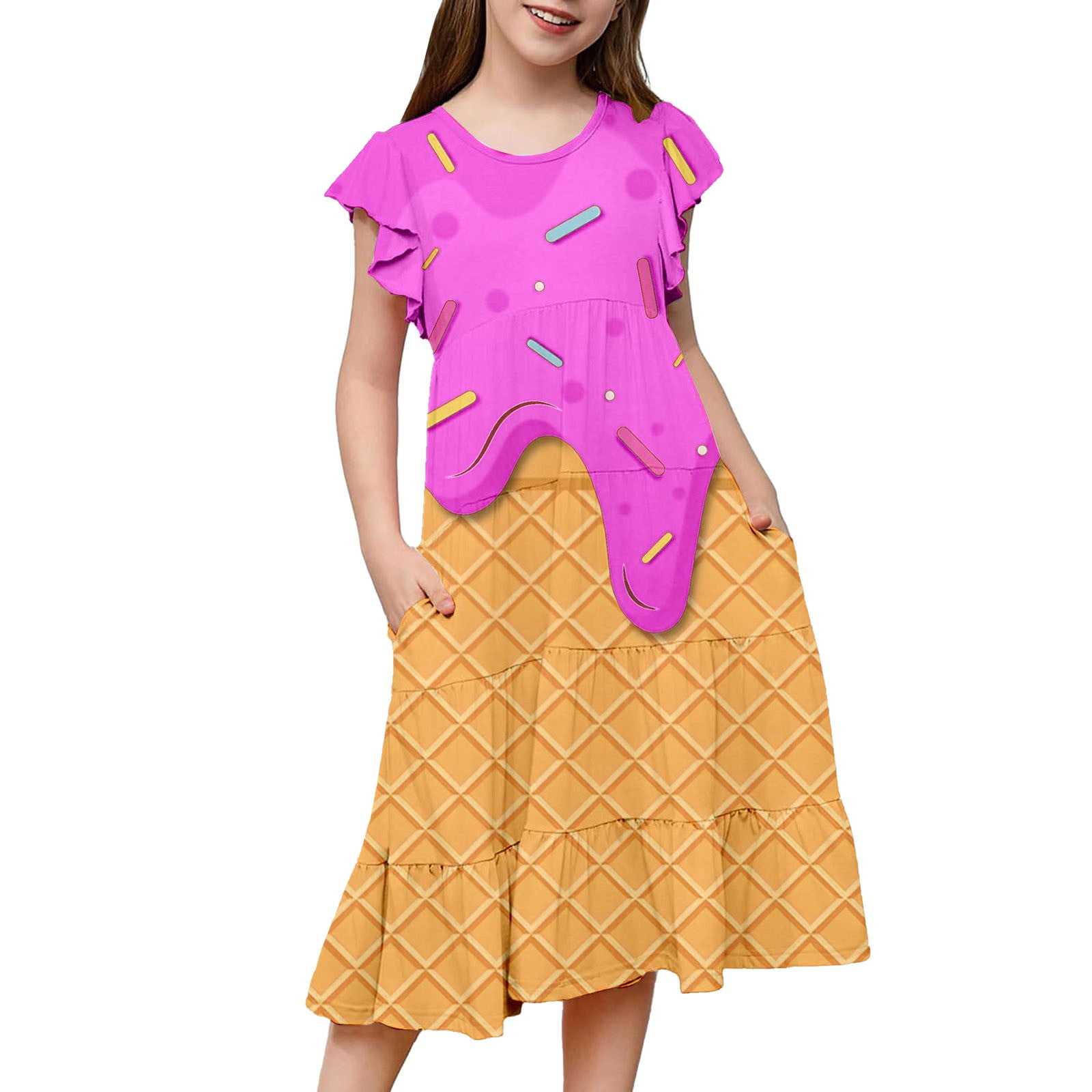 ANINEO Ice Cream Teen Girls Fly Sleeve Prints Holiday Party Girls Dress ...