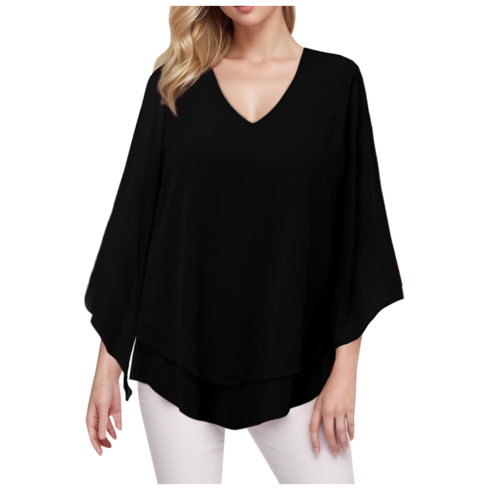 ANINEO Ladies Daily Blouse 3/4 Sleeve Elegant Tunic Shirt Double Layer ...