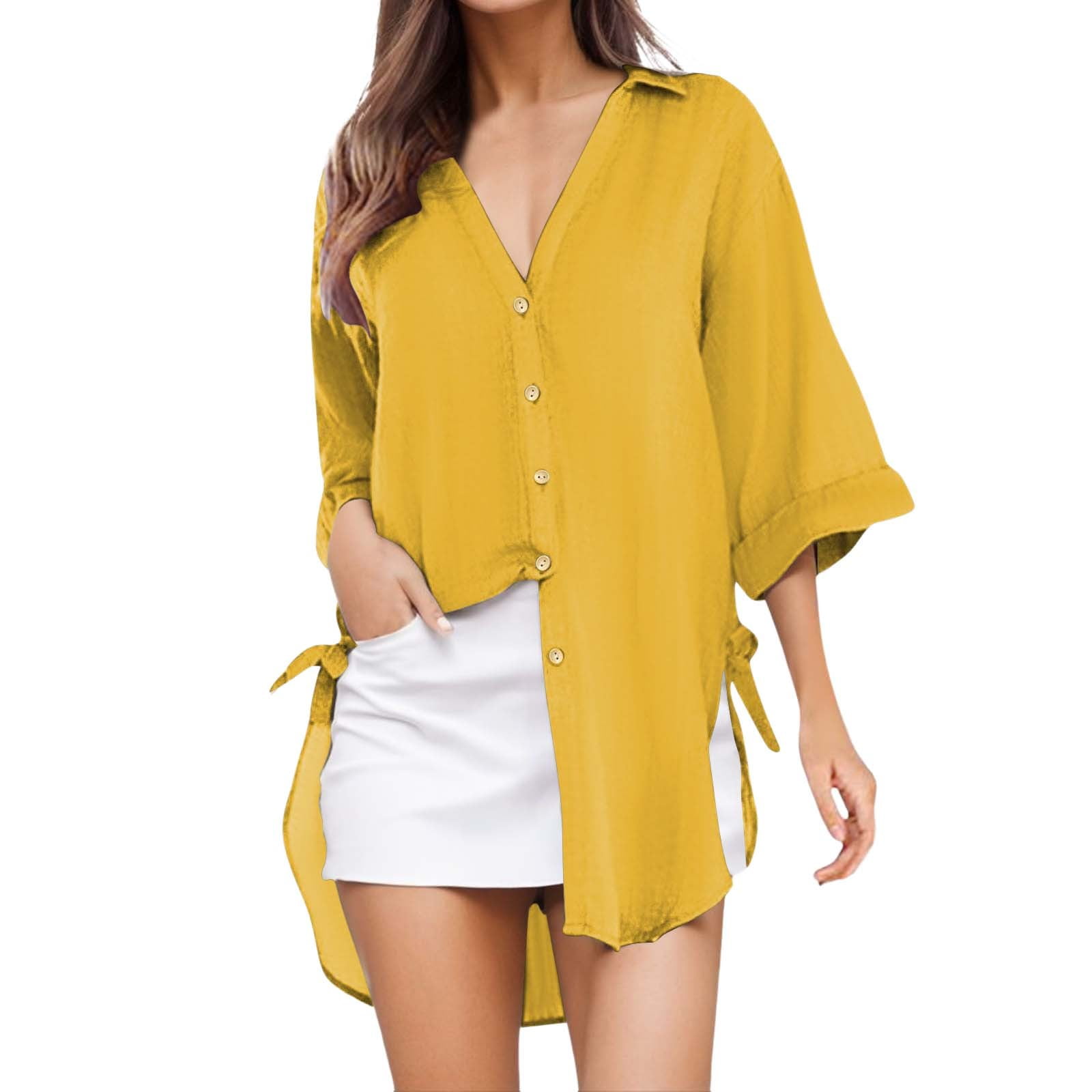 ANINEO Ladies Daily Blouses 3/4 Sleeve Tie Up V Neck Loose Slit Hem ...