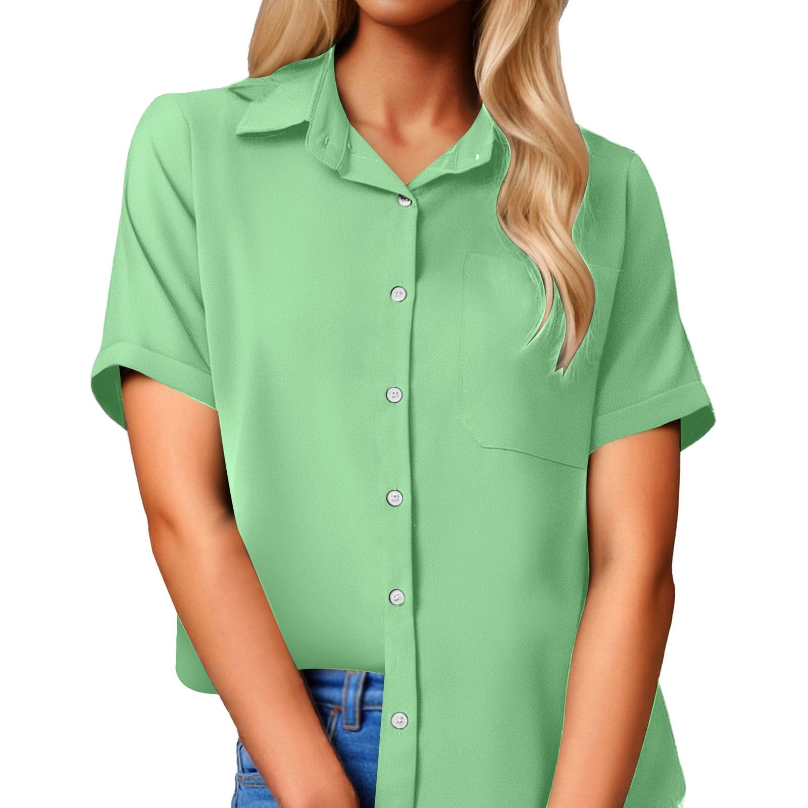 ANINEO Ladies Daily Blouses Fashion Short Sleeve Pocket Button Tee ...