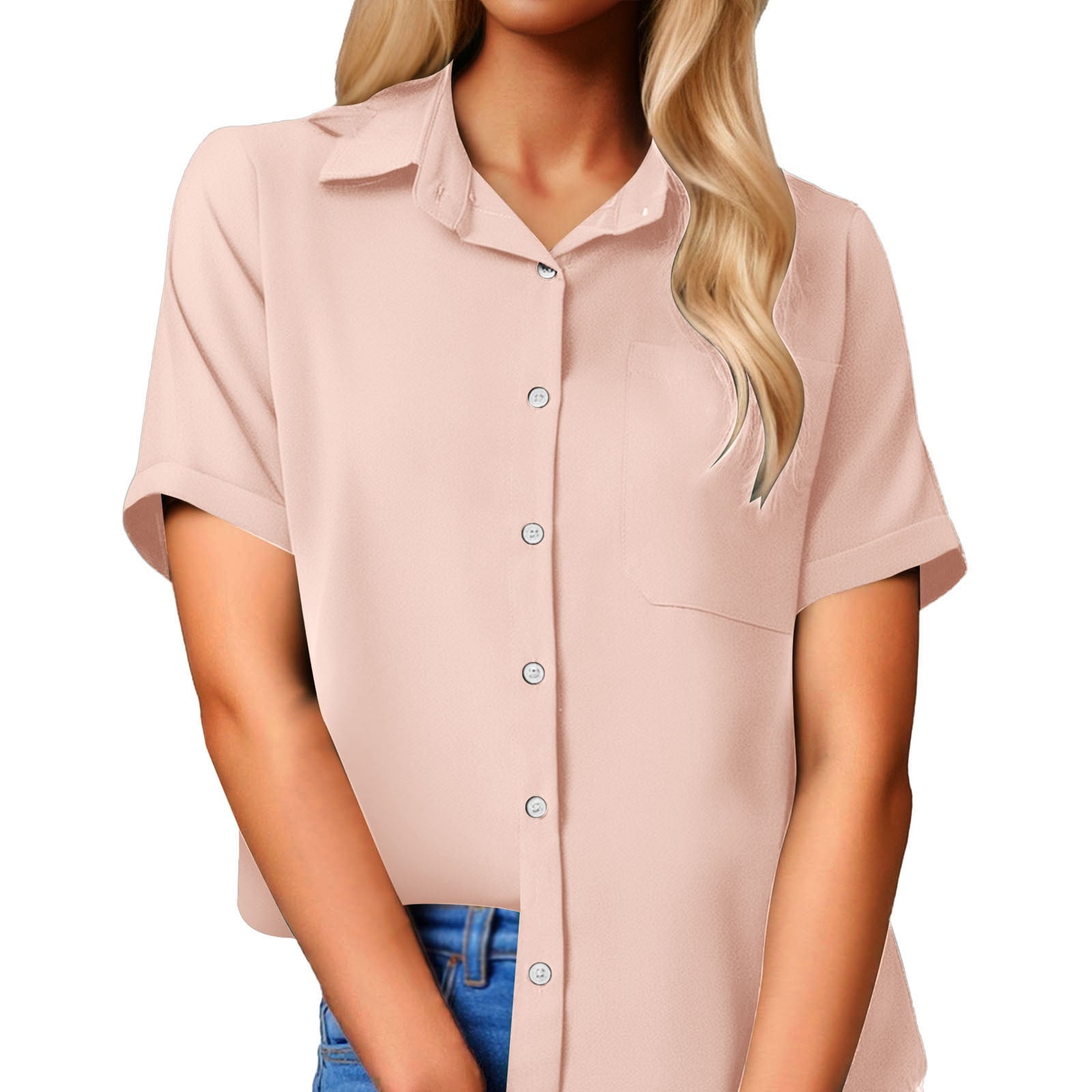 ANINEO Ladies Daily Blouses Fashion Short Sleeve Pocket Button Tee ...