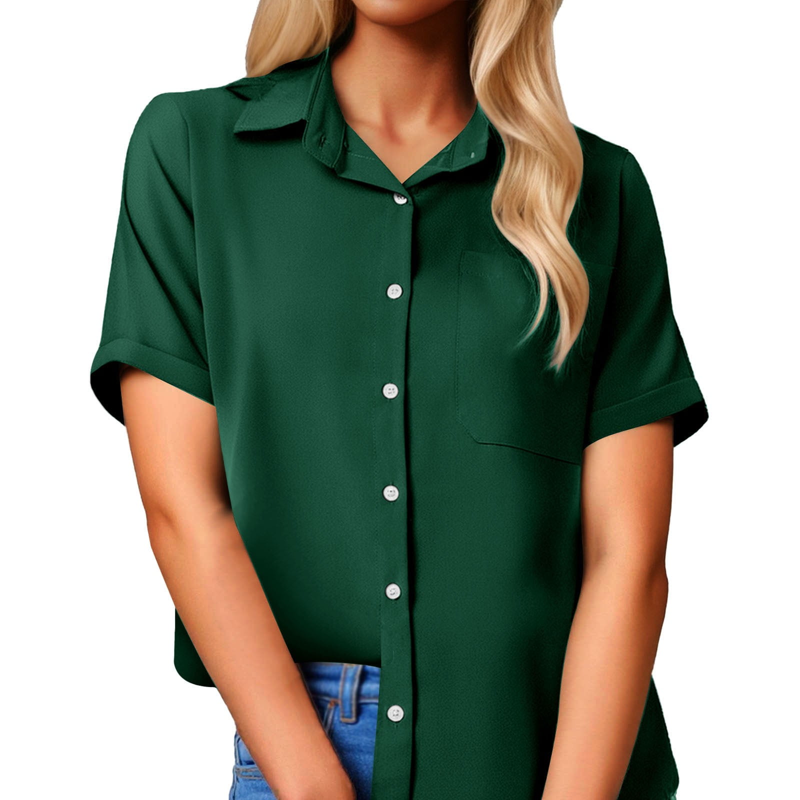 ANINEO Ladies Daily Blouses Fashion Short Sleeve Pocket Button Tee ...