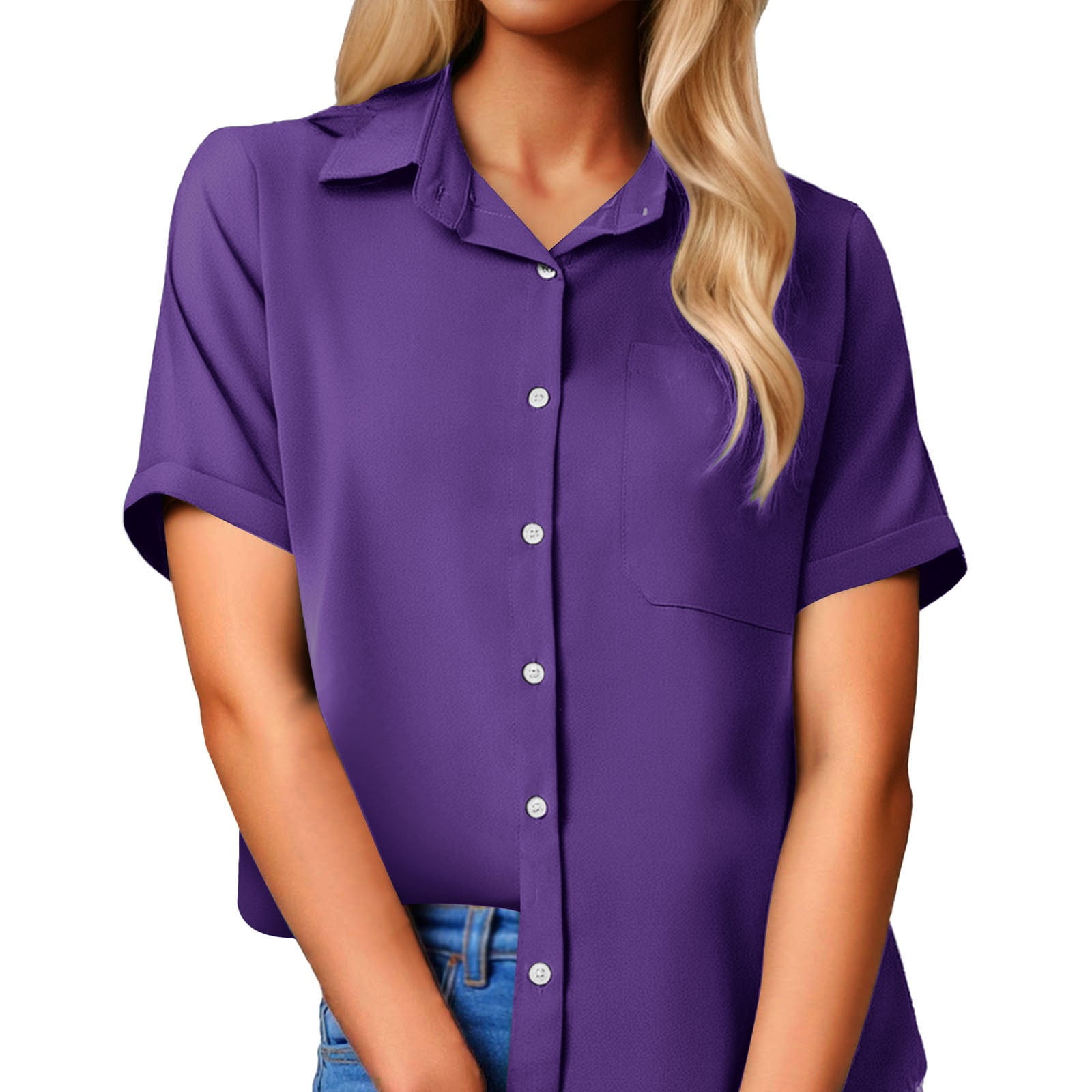 ANINEO Ladies Daily Blouses Fashion Short Sleeve Pocket Button Tee ...