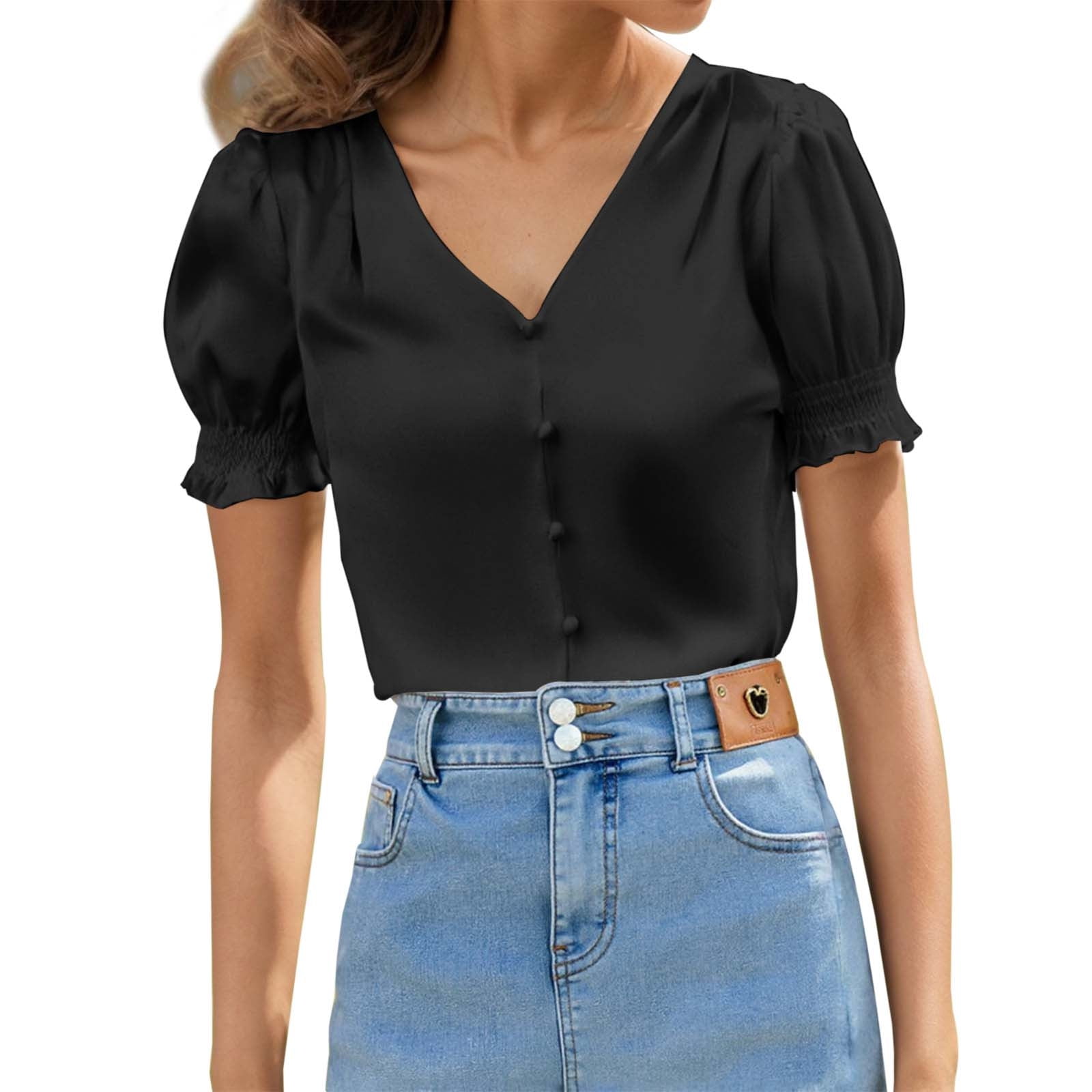 ANINEO Ladies Daily Blouses Satin V Neck Button Up Blouse Casual Short ...