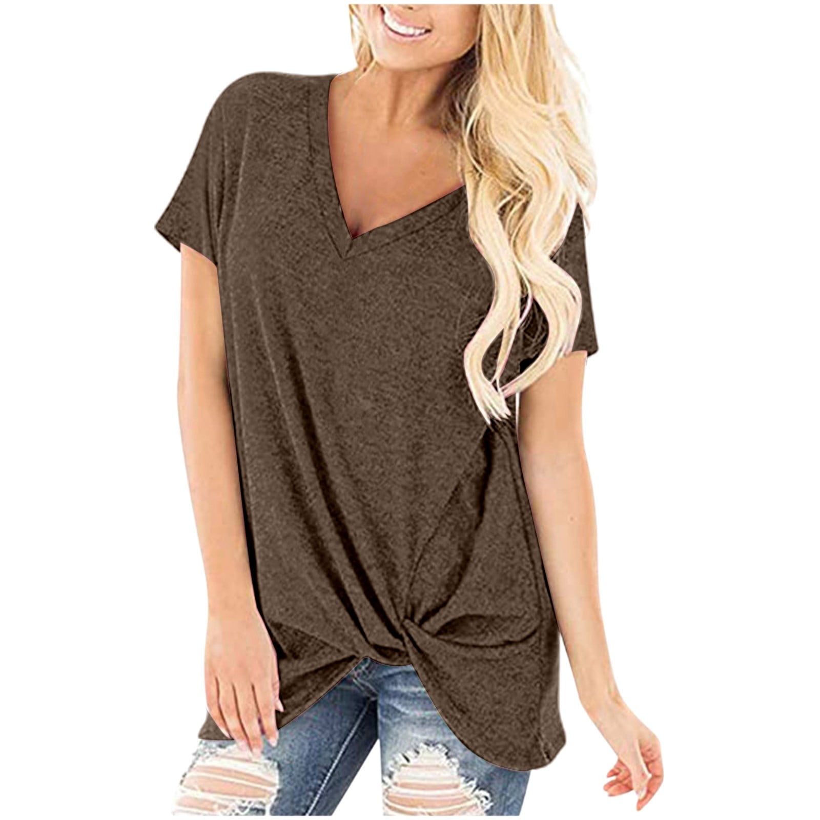 ANINEO Ladies Daily Blouses V Neck Knot Short Sleeve T Shirt Solid ...
