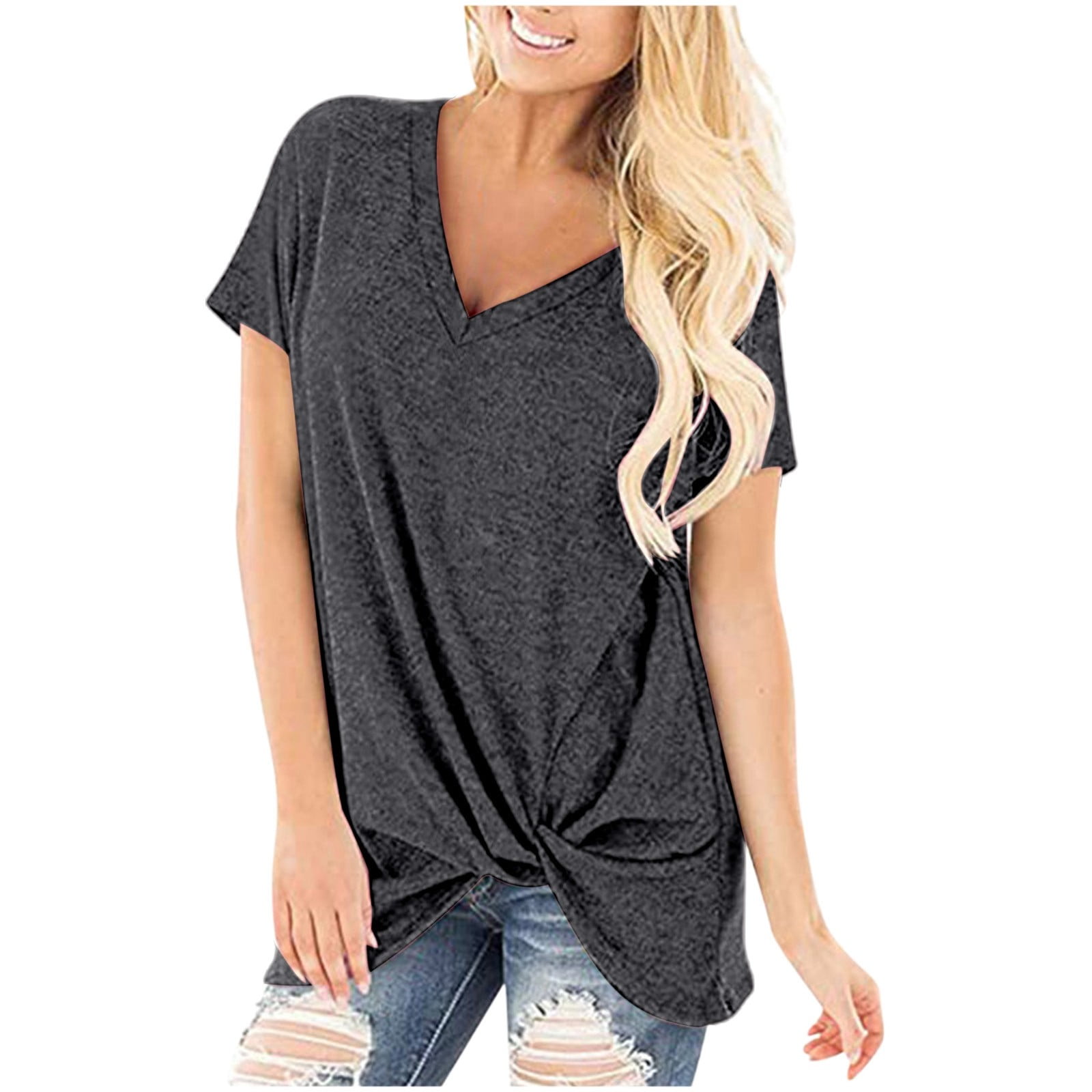 ANINEO Ladies Daily Blouses V Neck Knot Short Sleeve T Shirt Solid ...