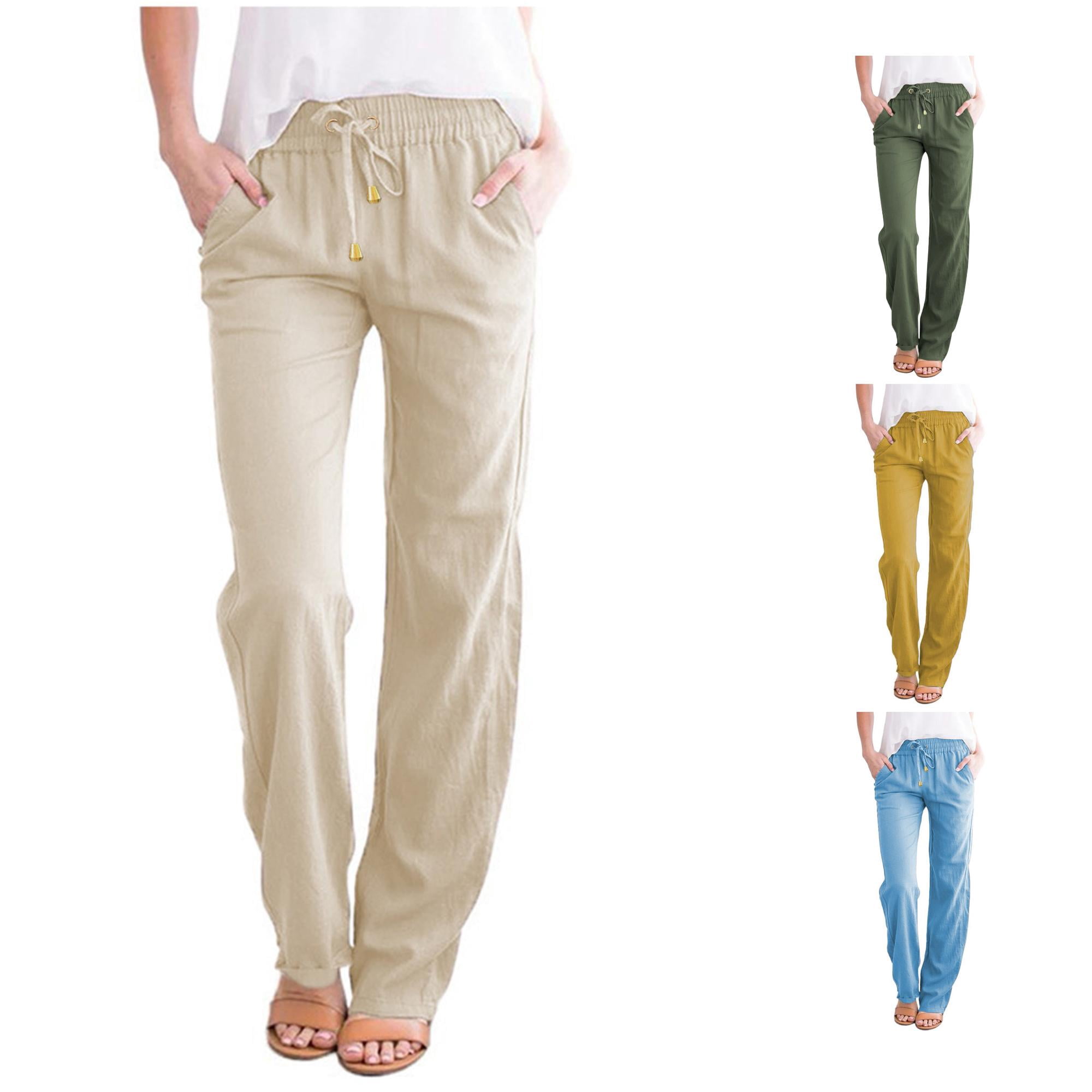 ANINEO Linen Solid Color Pants Drawstring Women Straight Cotton Elastic ...