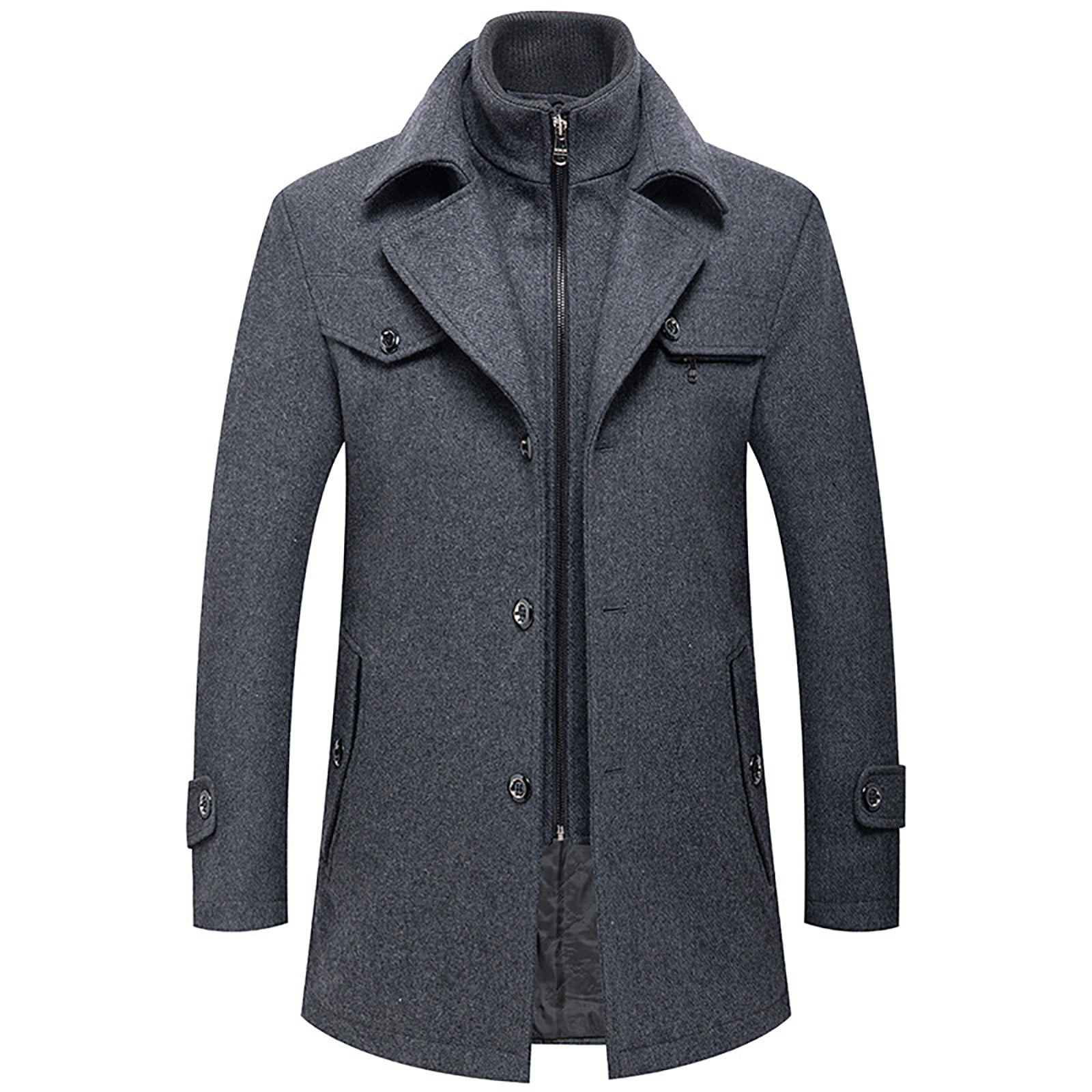 ANINEO Men Casual Woolen Overcoat Solid Color Double Collar Convertible Collar Padded Coats ...