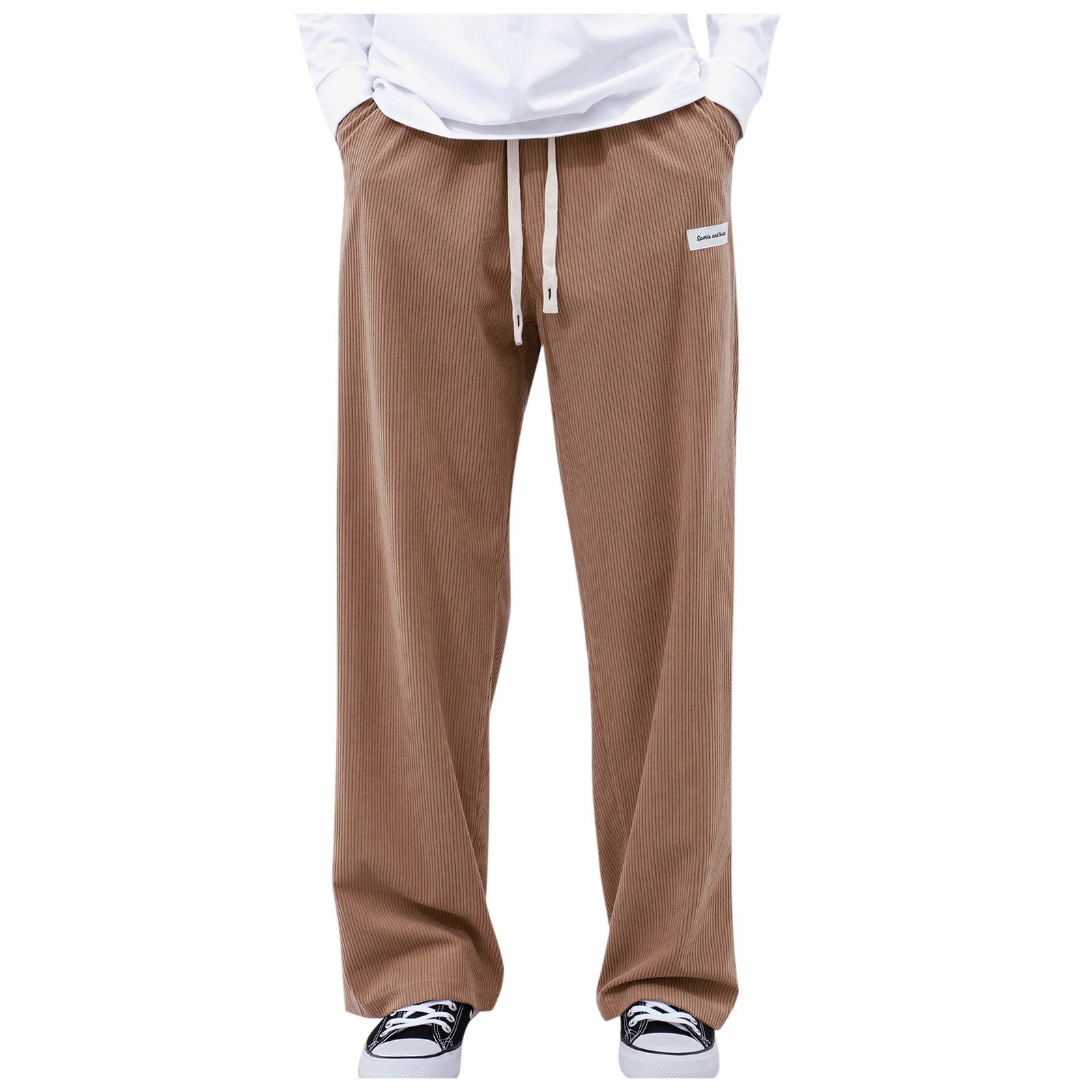 ANINEO Men Solid Color Drawstring Waistband Corduroy Wide Leg Casual ...
