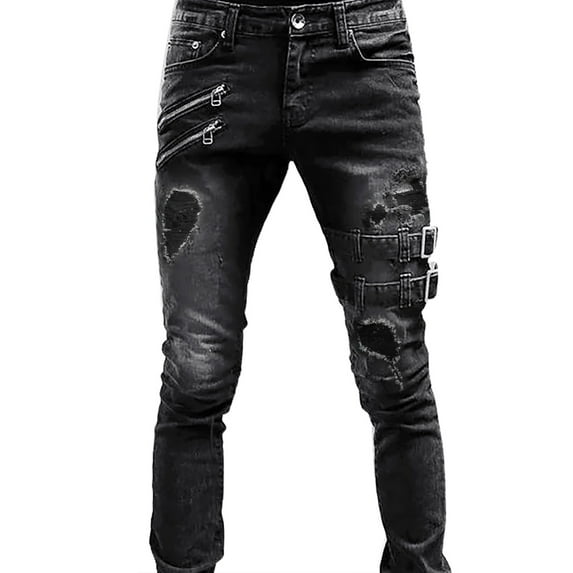 ANINEO Men Trousers Casual Straight Mid-rise Slim Fit Ripped Jeans ...