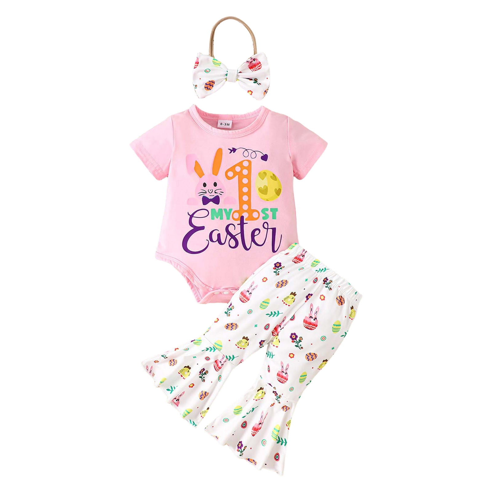 ANINEO Baby Girl Easter Outfit Long Sleeve Ribbed Romper Shirts Bunny Floral Flared Pants ...