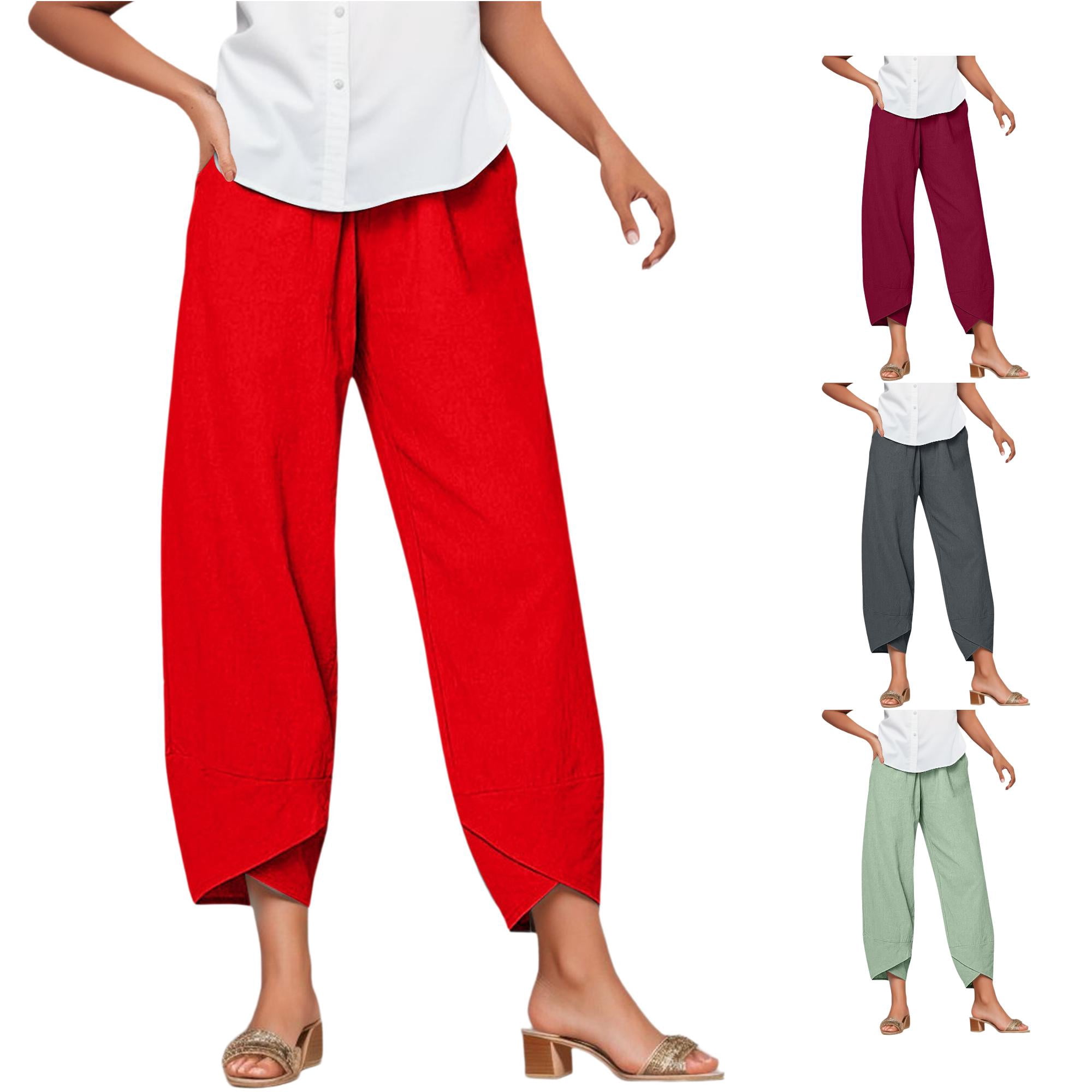 ANINEO Pocket Women Pants Solid Color Elastic Waist Casual Loose Pants ...