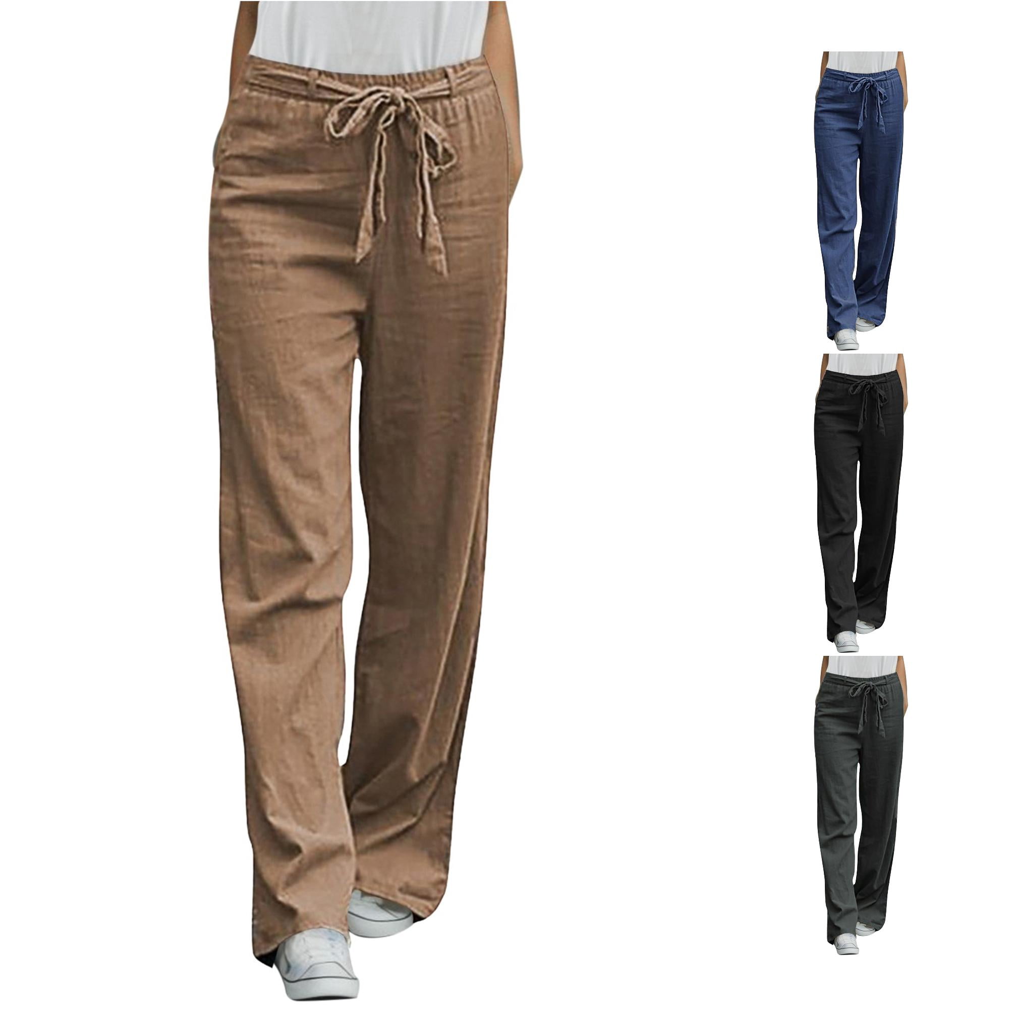 ANINEO Solid Color Women Cotton Trousers Long Sashes Fashion Pants ...