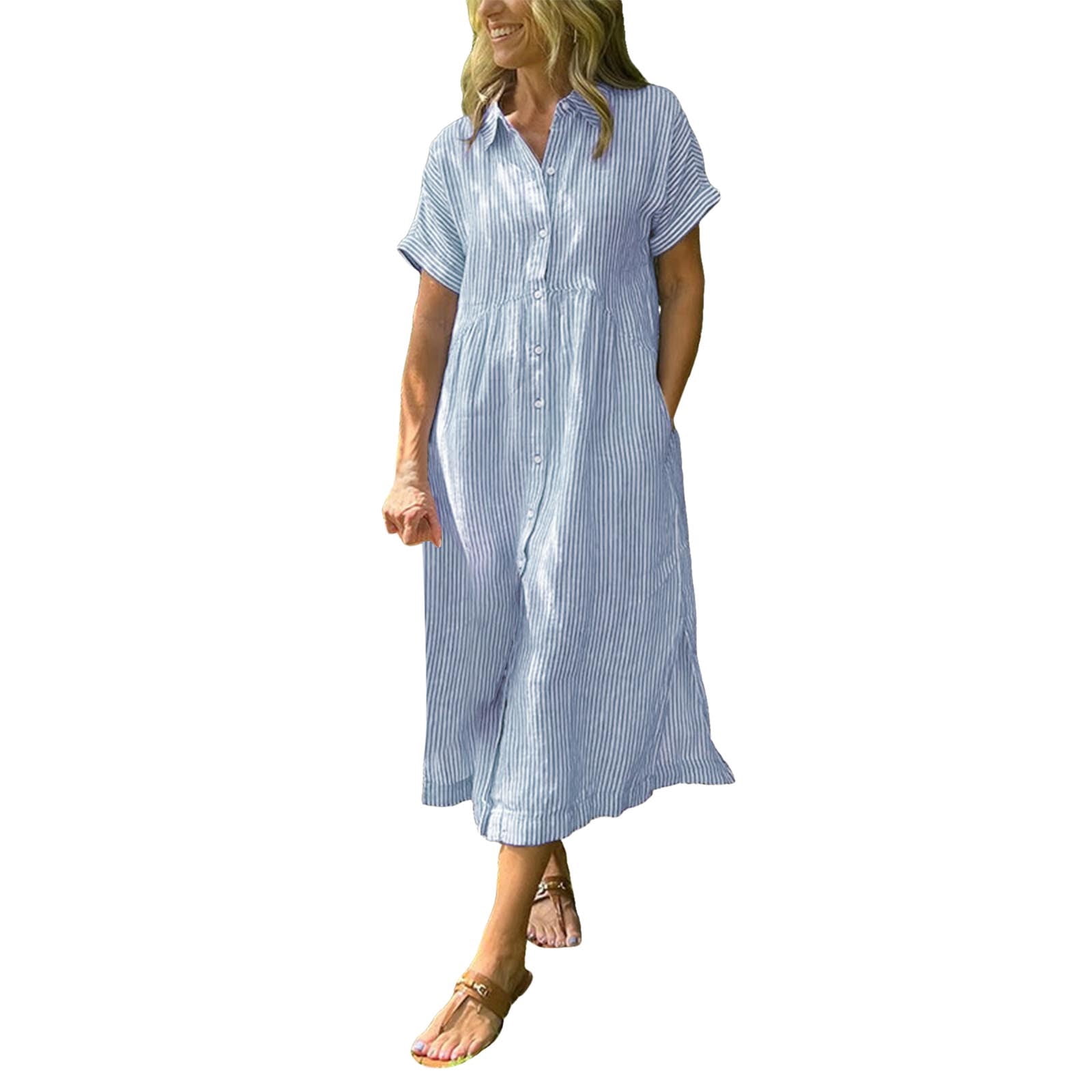 ANINEO Striped Lapel Button Down Shirt Dress Women Blue White Striped ...