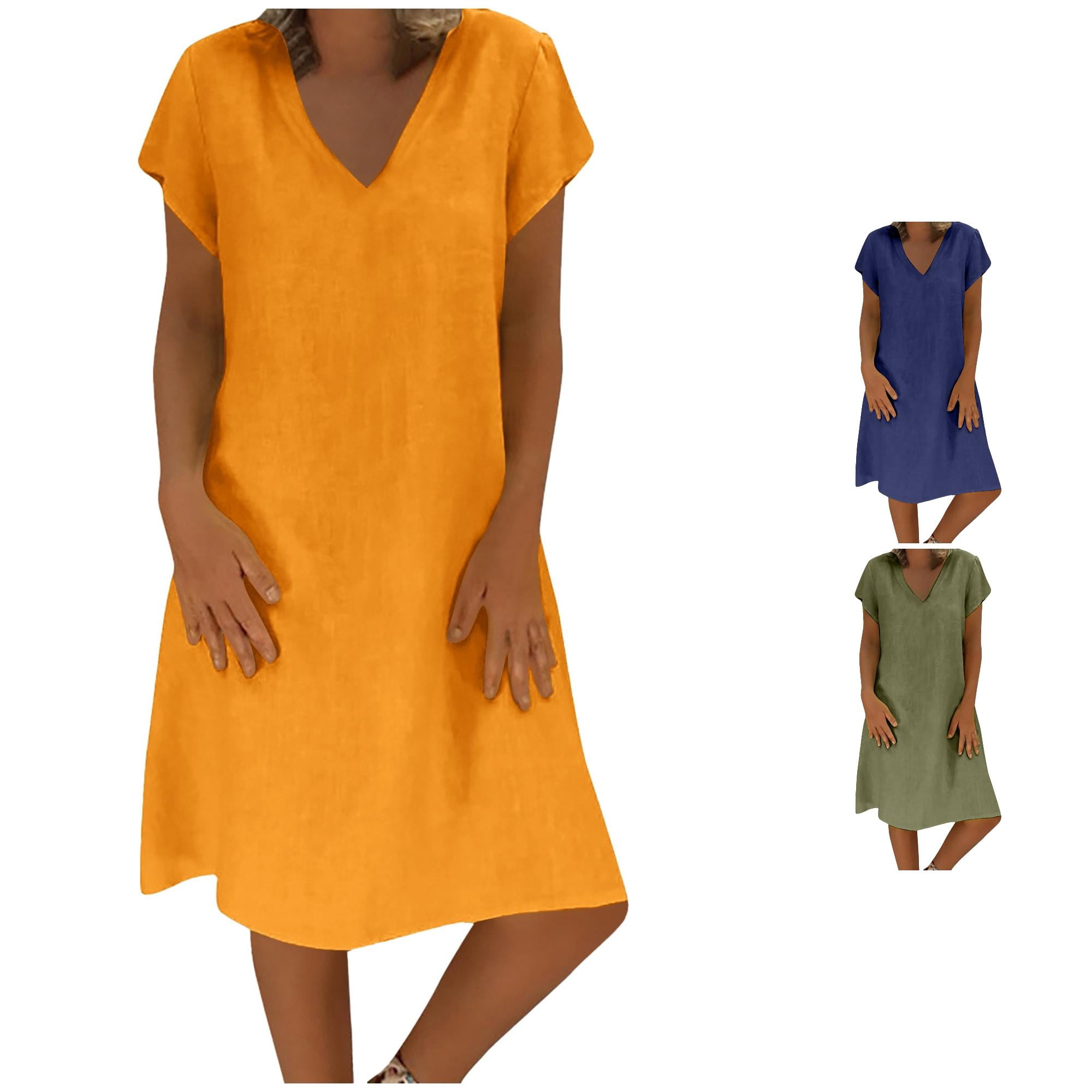 ANINEO Summer Dresses For Women 2026 V-Neck Solid Color Linen Short ...
