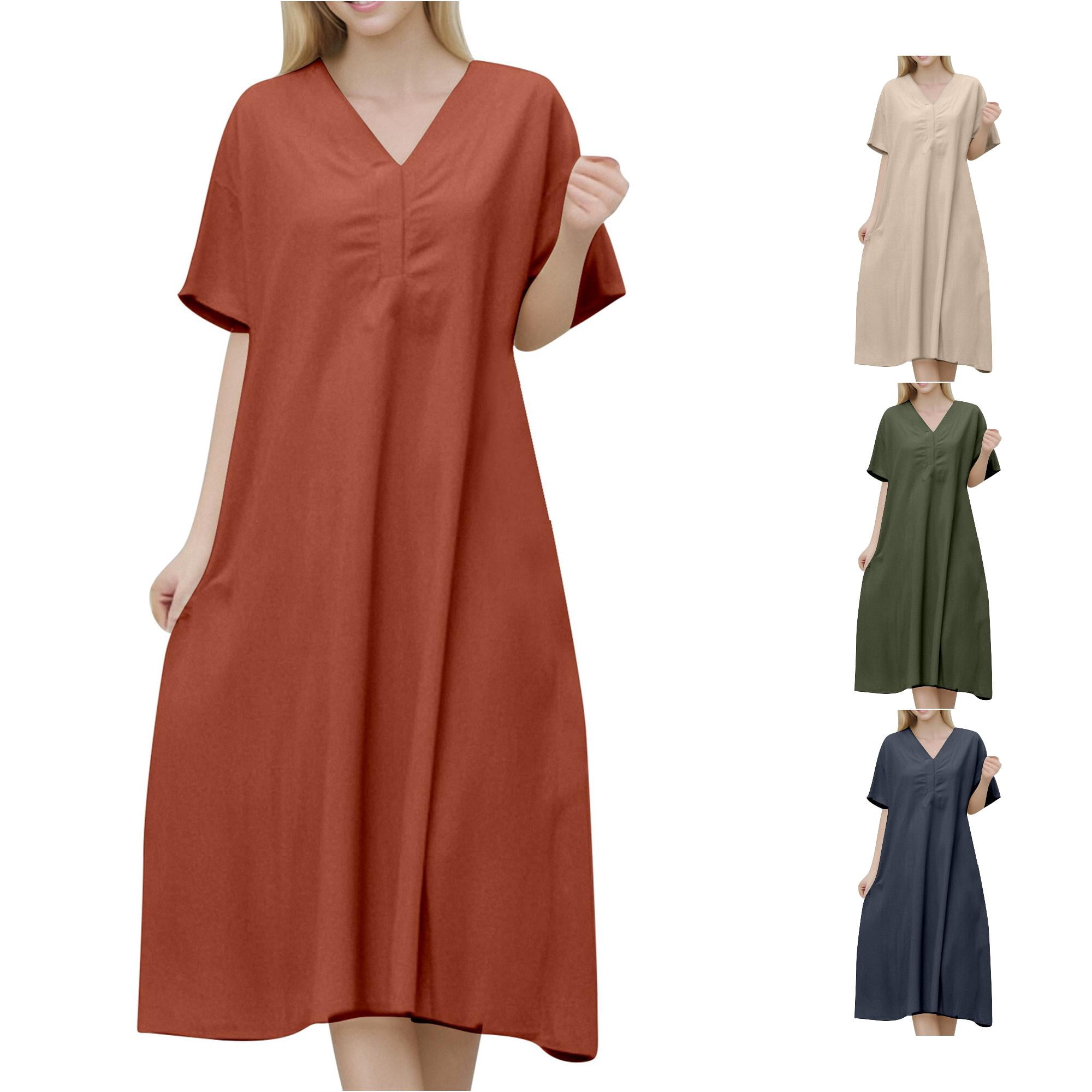 ANINEO Sundresses For Women Loose Fit Short Sleeve V-Neck Pure Color ...