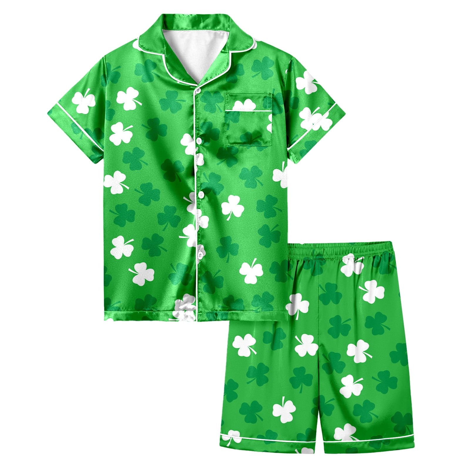 ANINEO Toddler Girl Boy Summer Pajamas Satin Bow&Clover Print Button Down Shirt Shorts Girls St ...