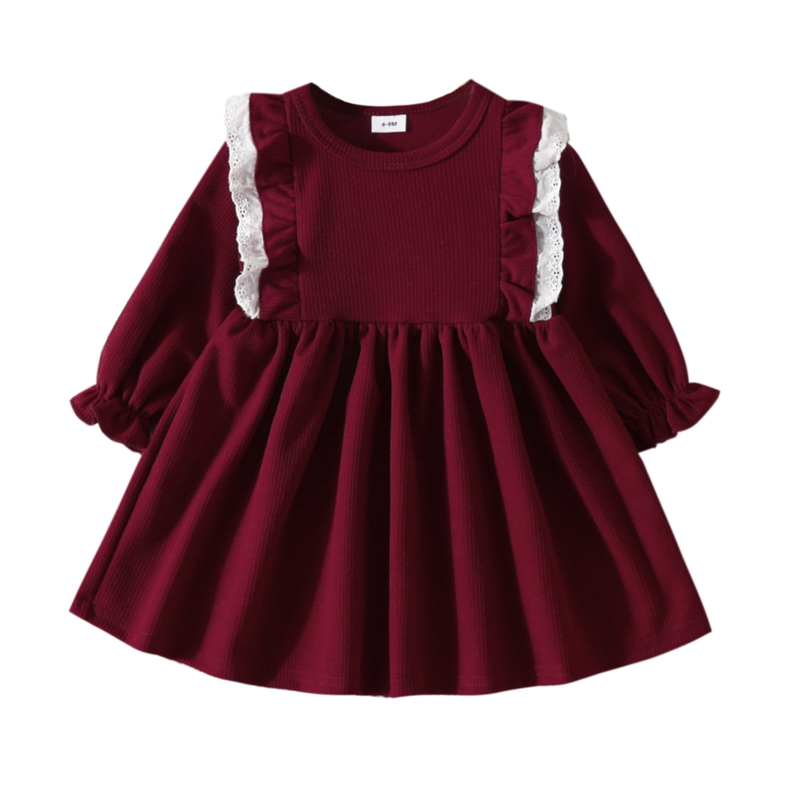 ANINEO Toddler Girls Dress Winter Long Sleeve Ruffles Ribbed Lace Solid ...