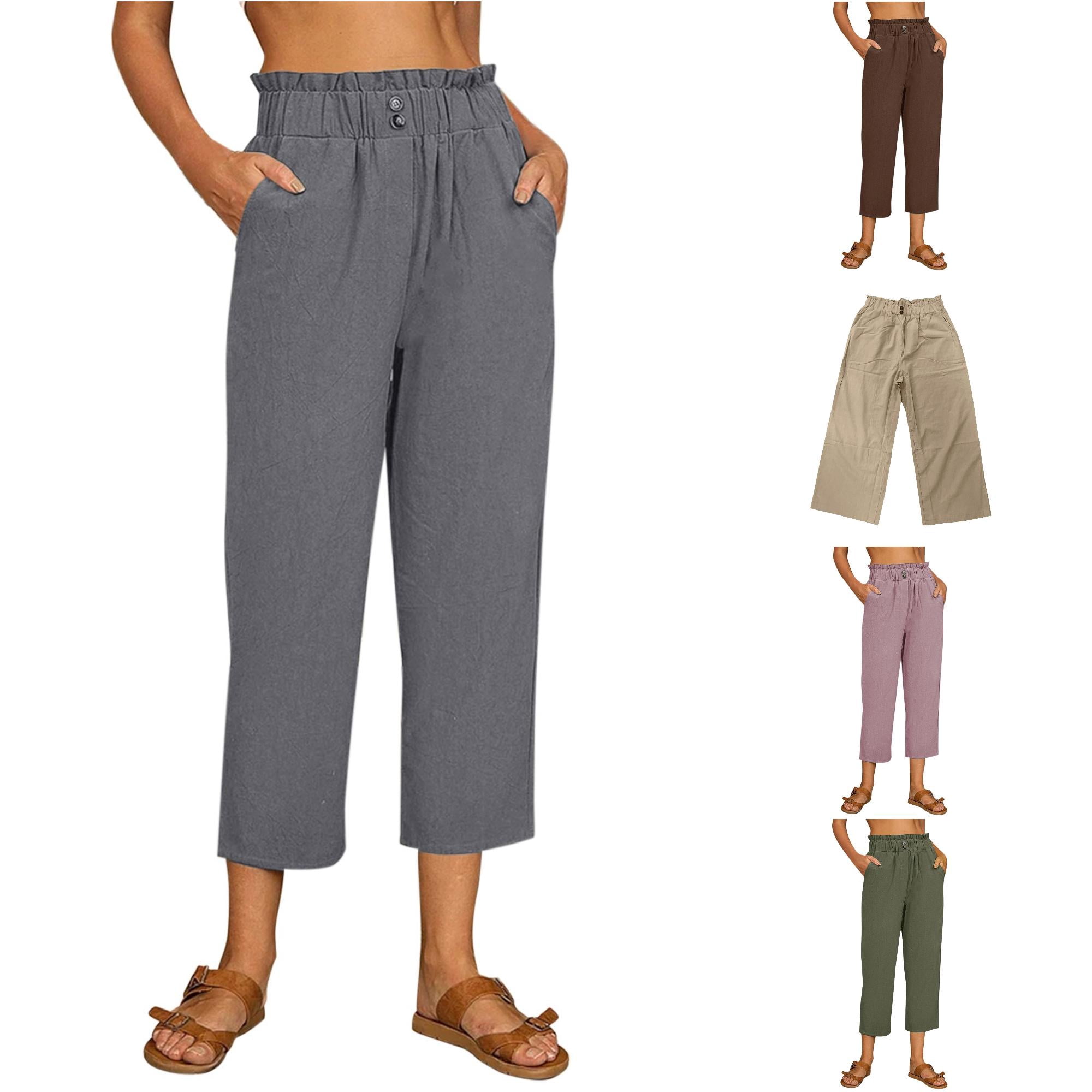 ANINEO White Linen Pants For Women Tightness Trousers Pocket Casual ...