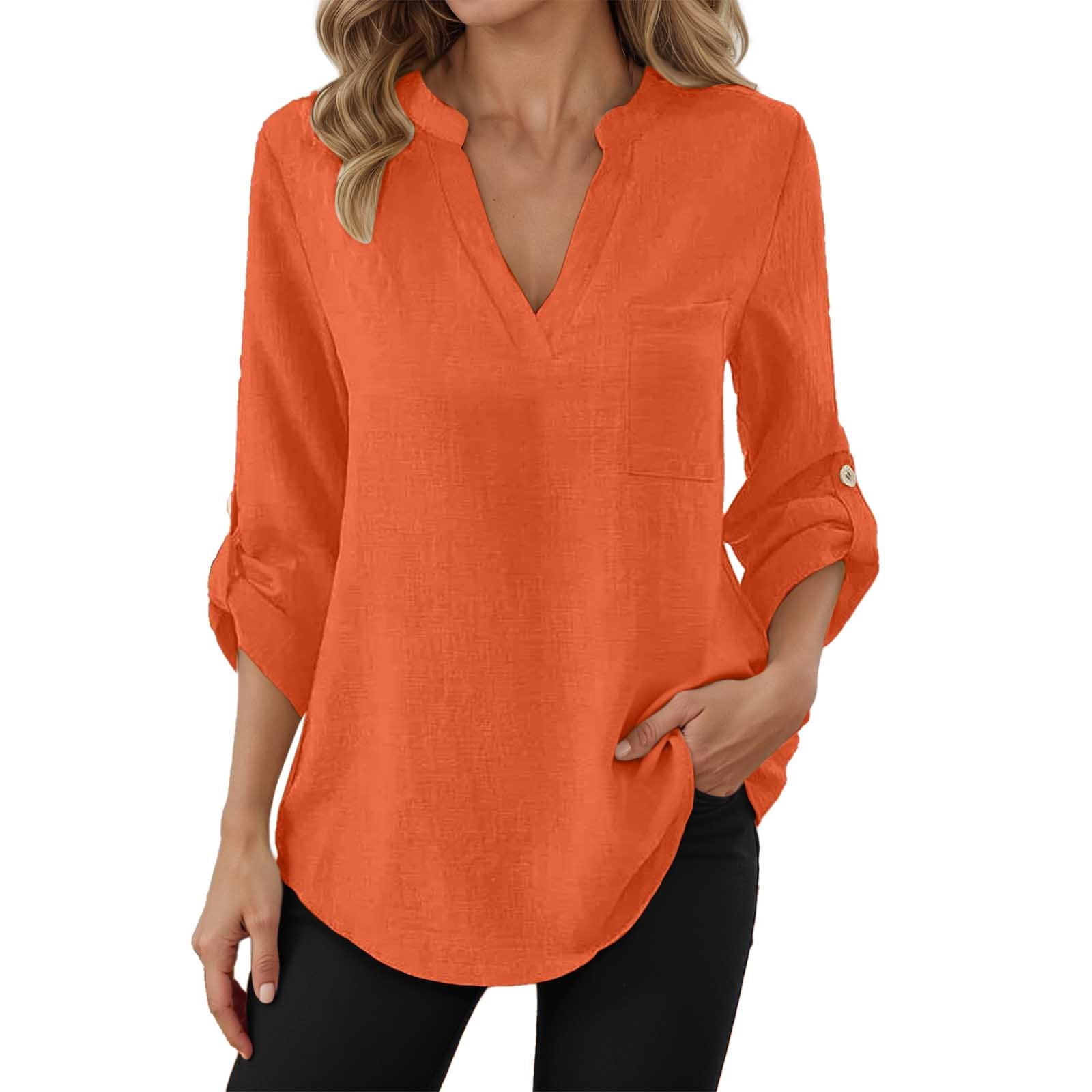 ANINEO Women Blouses Casual Button V Neck Pocket Long Sleeve T Shirt ...