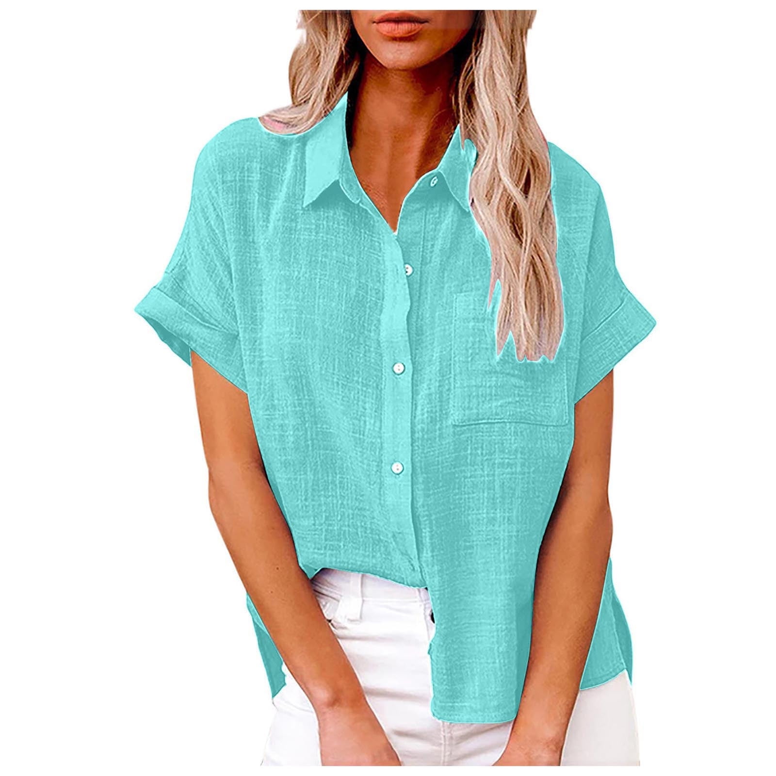 ANINEO Women Blouses Casual Linen Shirt Short Sleeve Casual Loose Shirt ...