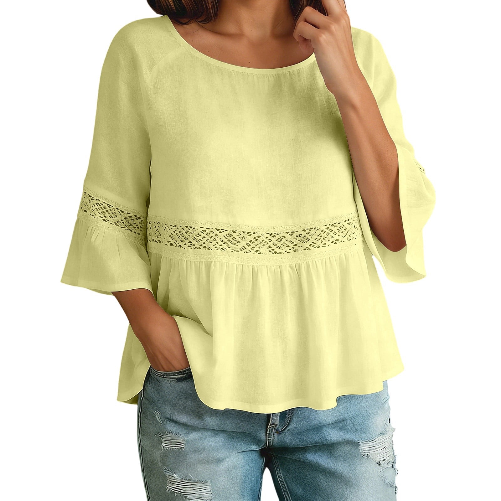 ANINEO Women Blouses Casual Summer Solid Color Blouse With Flounce ...