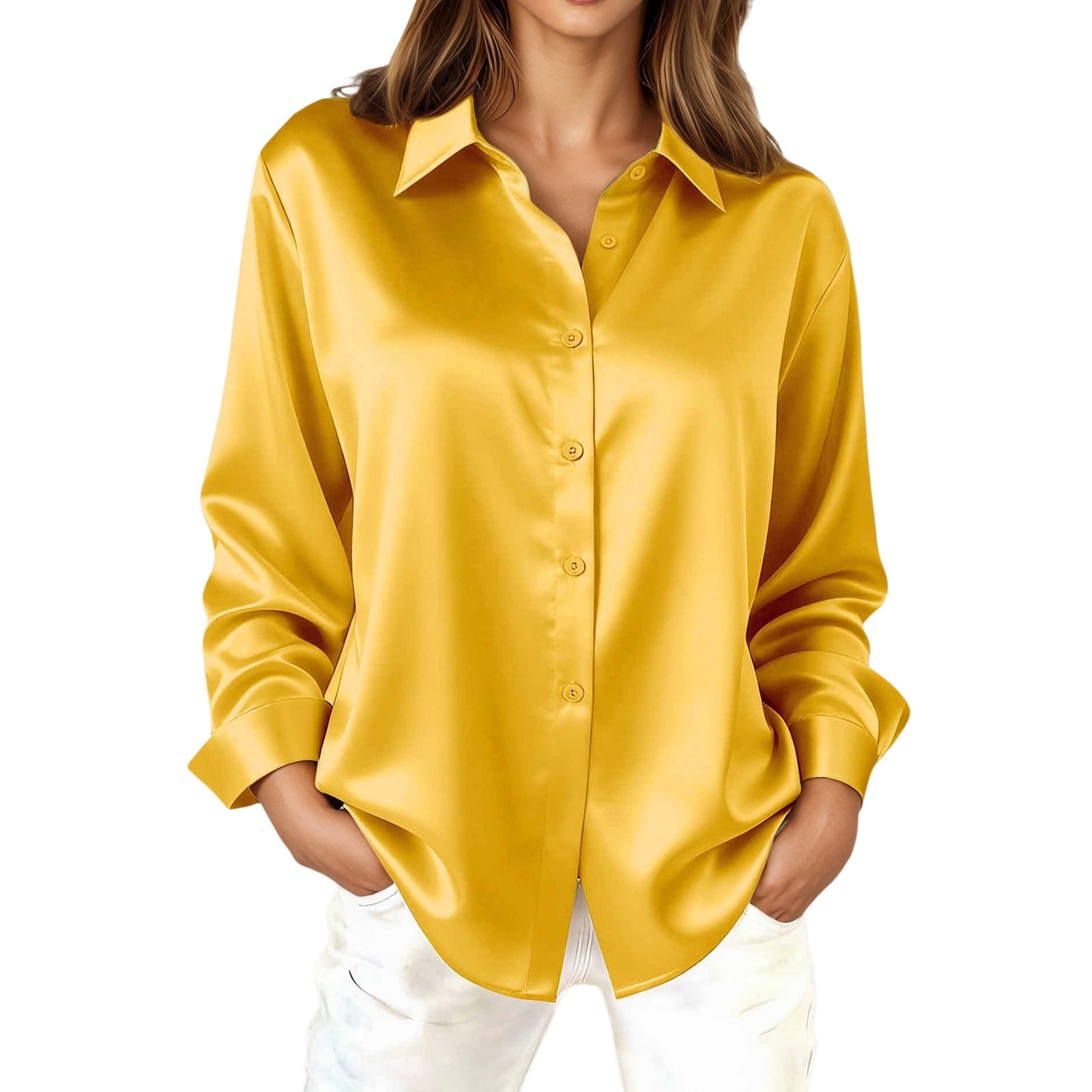 ANINEO Women Blouses Elegant Long Sleeve Satin Blouse Soft Shiny Dressy ...