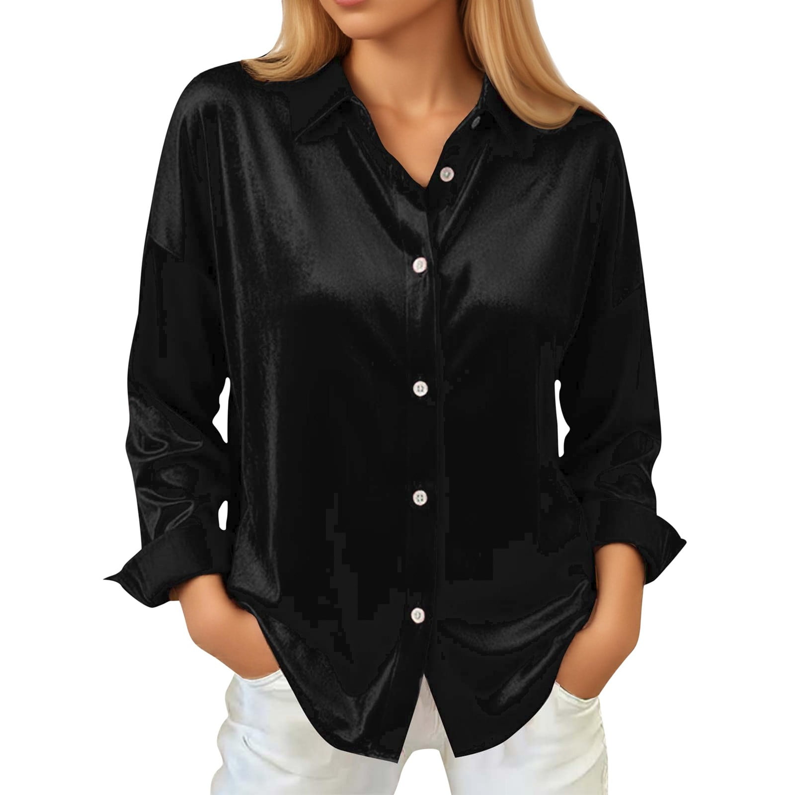 ANINEO Women Blouses Fashionable Casual Satin Solid Color Shirt ...