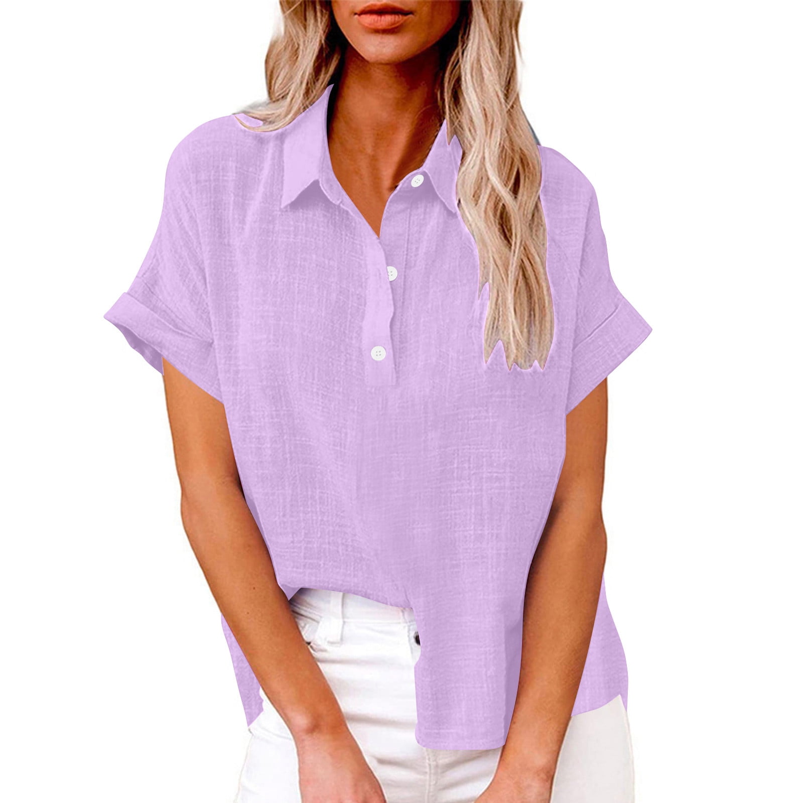ANINEO Women Blouses Ladies Solid Color Linen Short Sleeve Casual Loose ...