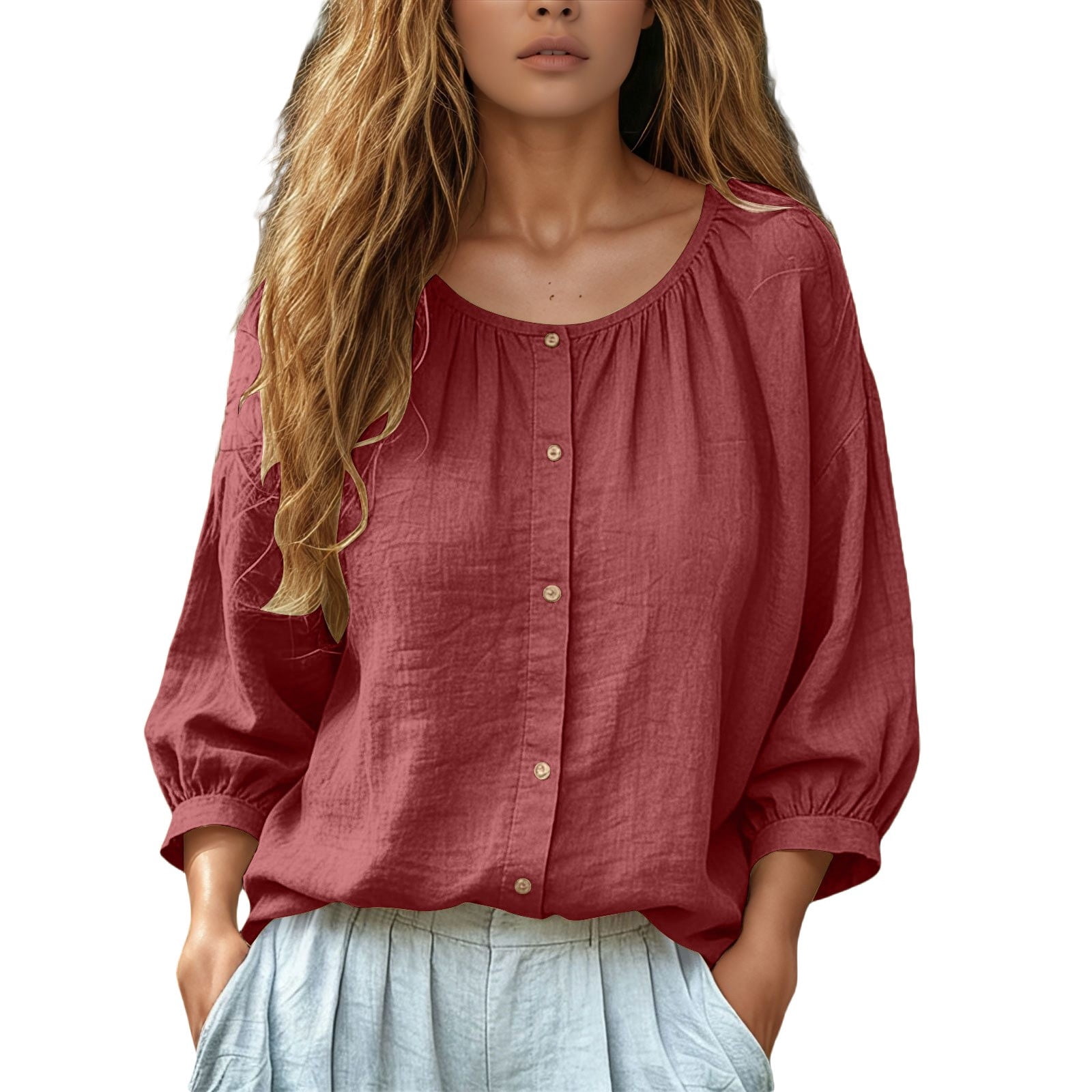 ANINEO Women Blouses Loose Fit Knot Casual Shirt Long Sleeve Round Neck ...